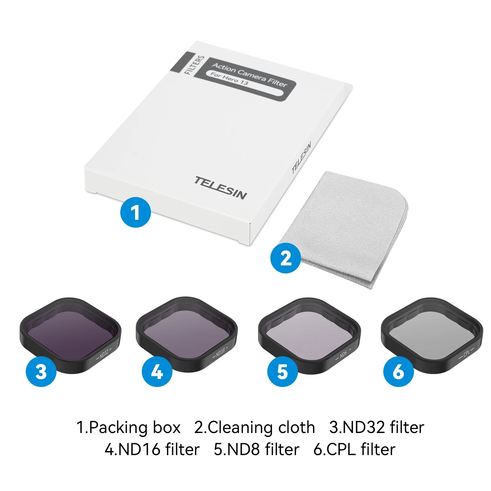 TELESIN Комплект фильтров ND8 ND16 ND32 ND64 CPL для GoPro Hero 13