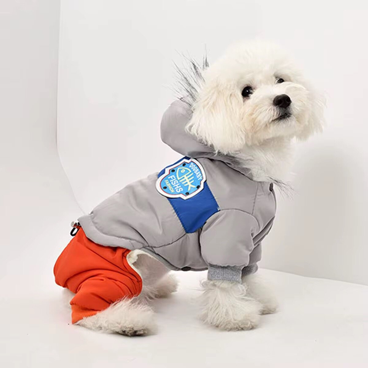 Теплый комбинезон " Fishs" для малых и средних пород собак, серо-оранжевого цвета . Размер S.