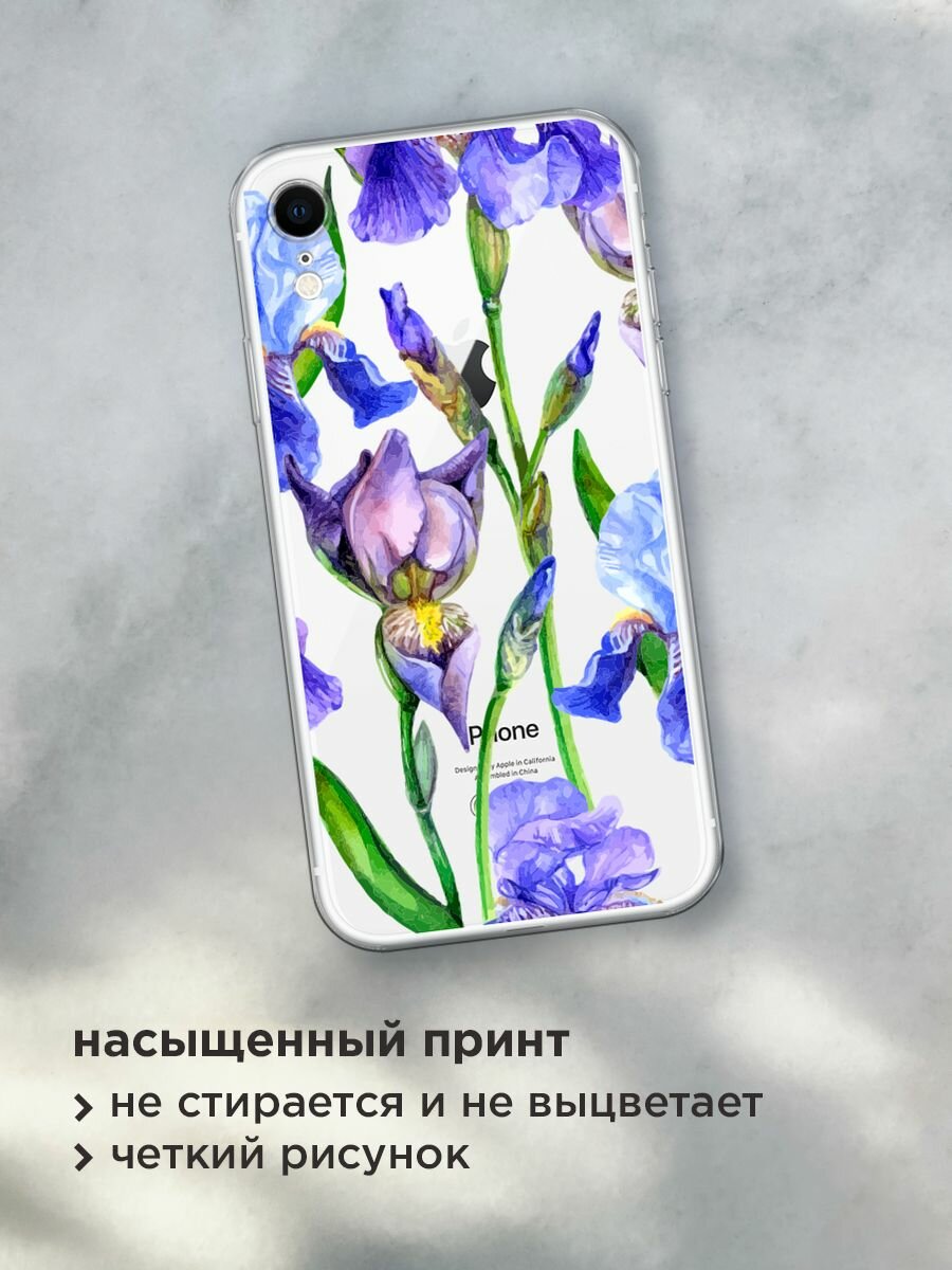 Чехол на Apple iPhone XR / Айфон XR с принтом "Синие ирисы", прозрачный — фото 1