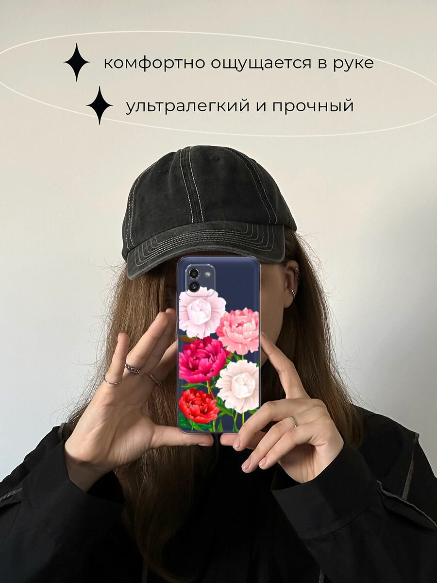 Чехол на Samsung Galaxy A03 / Самсунг Галакси А03 с принтом "Большие пионы", прозрачный — фото 1