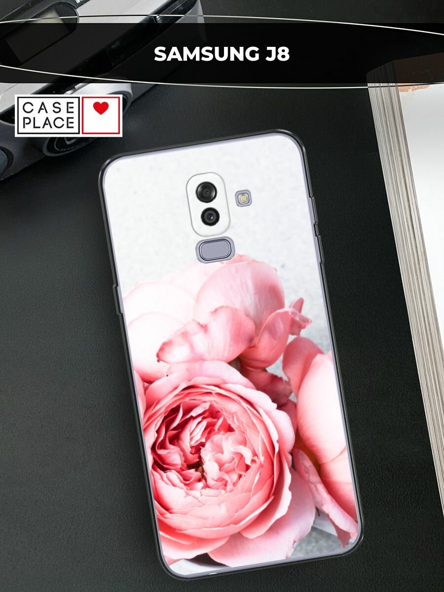 Чехол на Samsung Galaxy J8 / Самсунг Галакси Джей 8 с принтом "Пионы на белом"