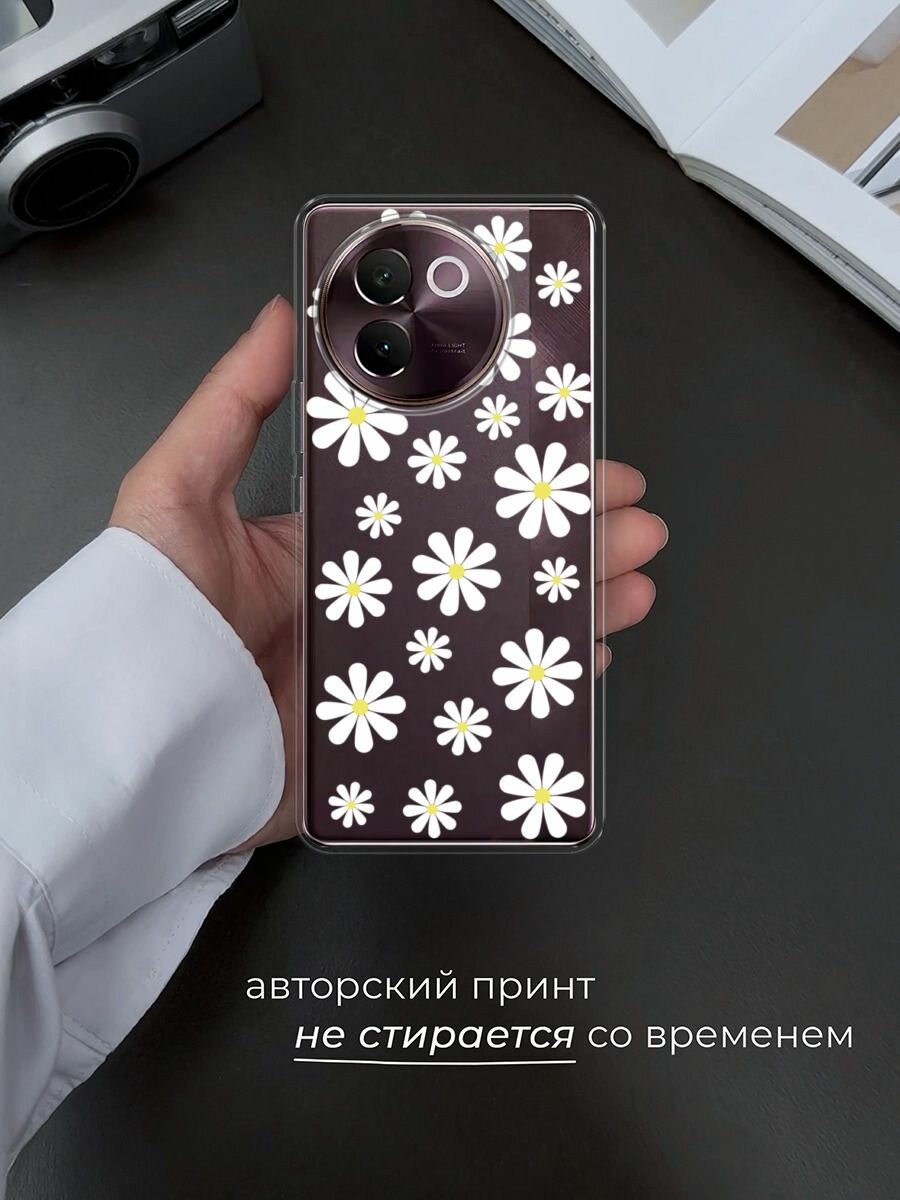 Чехол на Vivo V30e / Виво В30е с принтом "Большие ромашки", прозрачный — фото 1