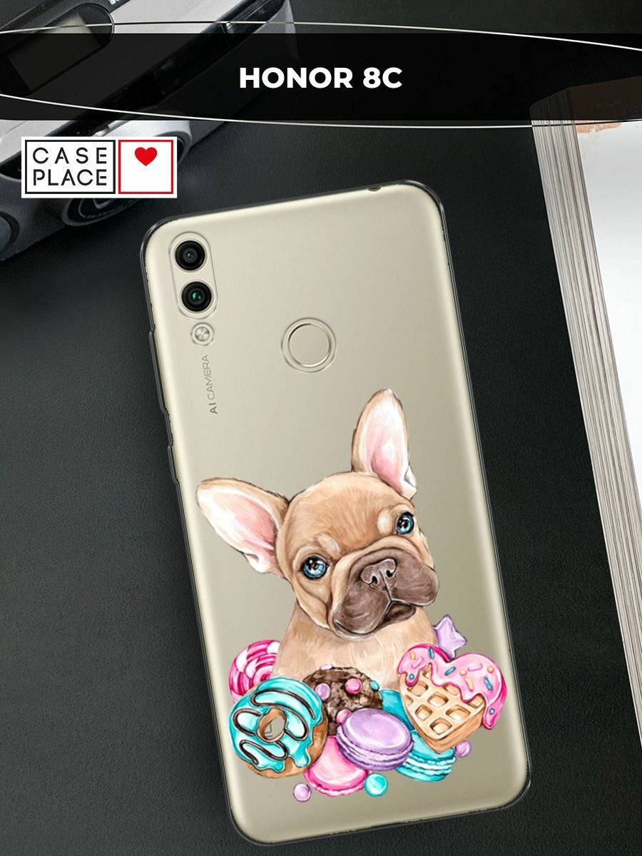 Чехол на Honor 8C / Хонор 8С с принтом "Бульдог и сладости", прозрачный