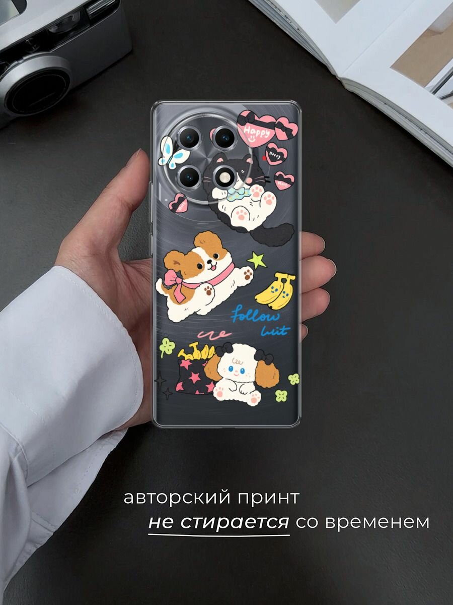 Чехол на Tecno Camon 30S / Текно Камон 30S с принтом "Кудрявые животные", прозрачный — фото 1