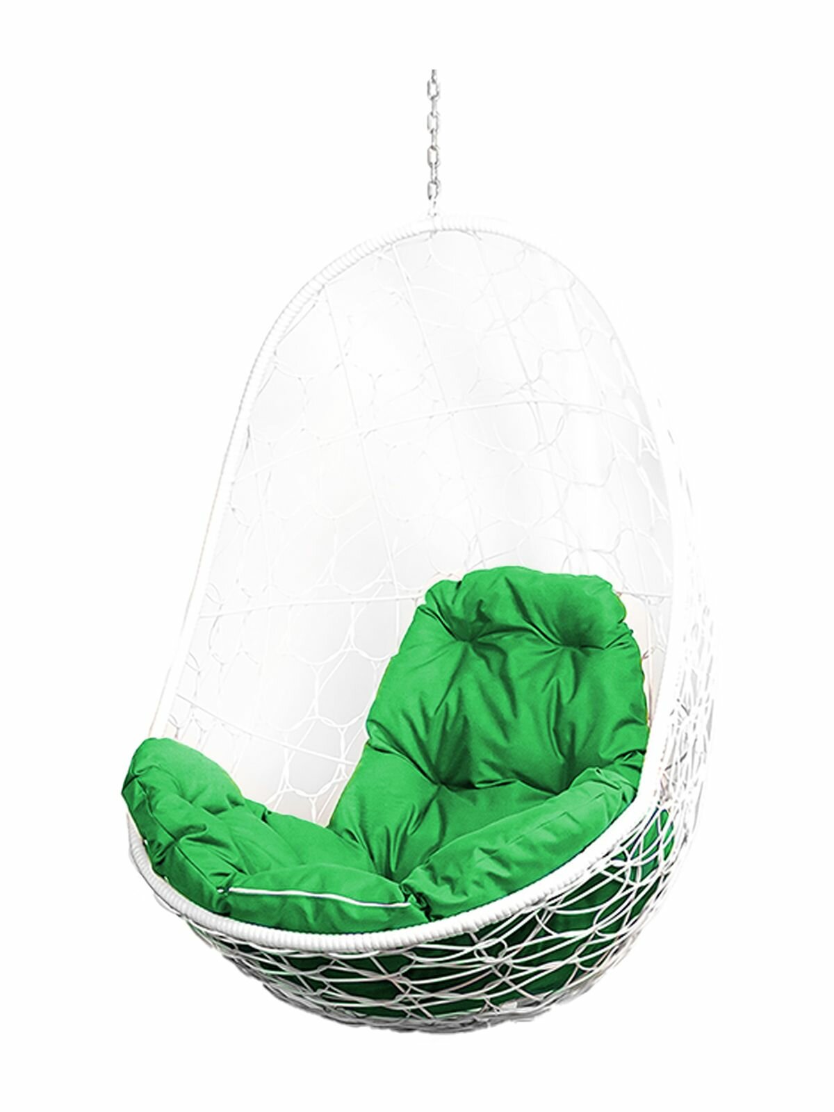 Подвесное кресло овал (без стойки), с ротангом белое, зелёная подушка