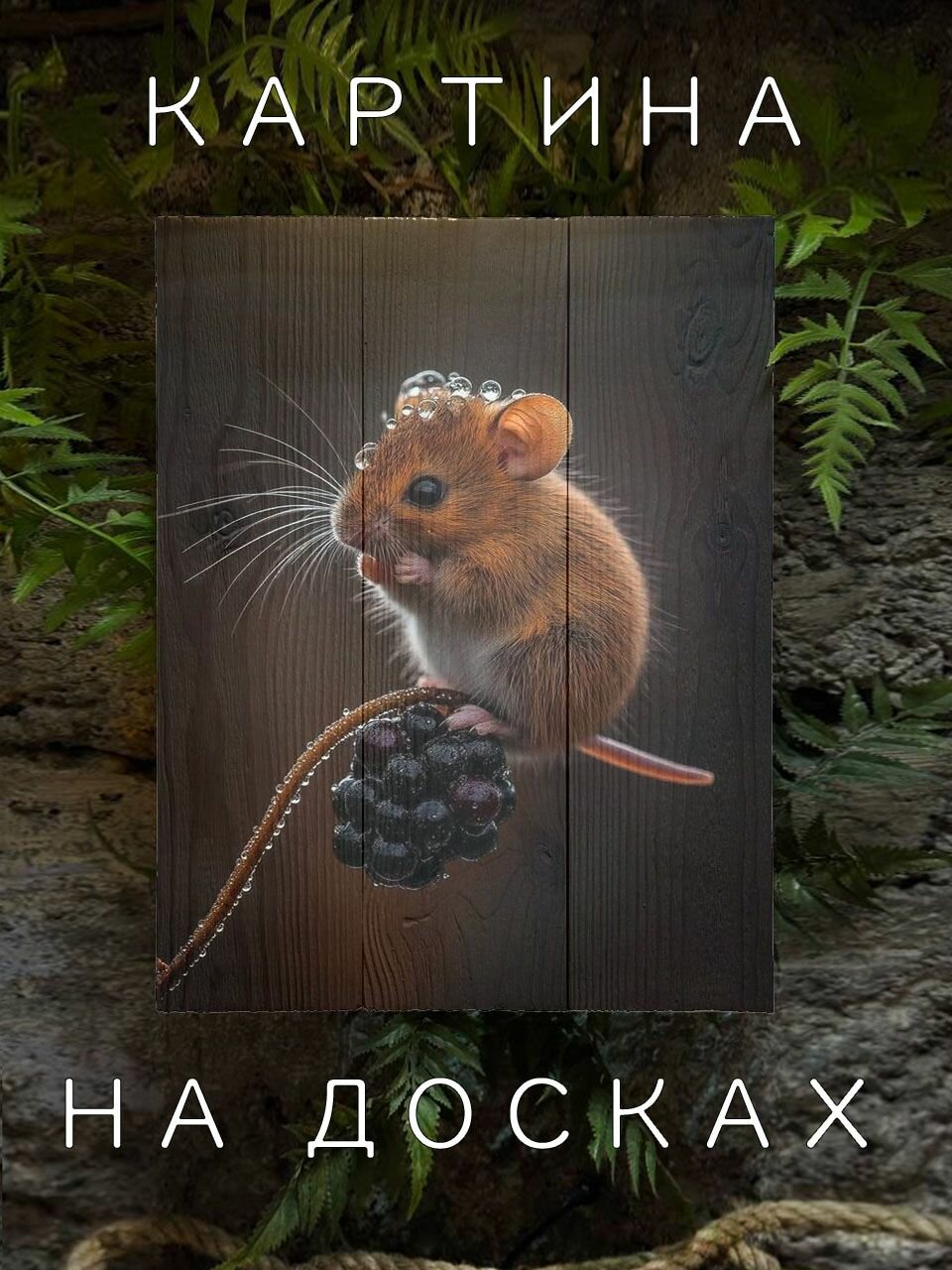 Картина на досках Мышка на ветке. 30х40 см
