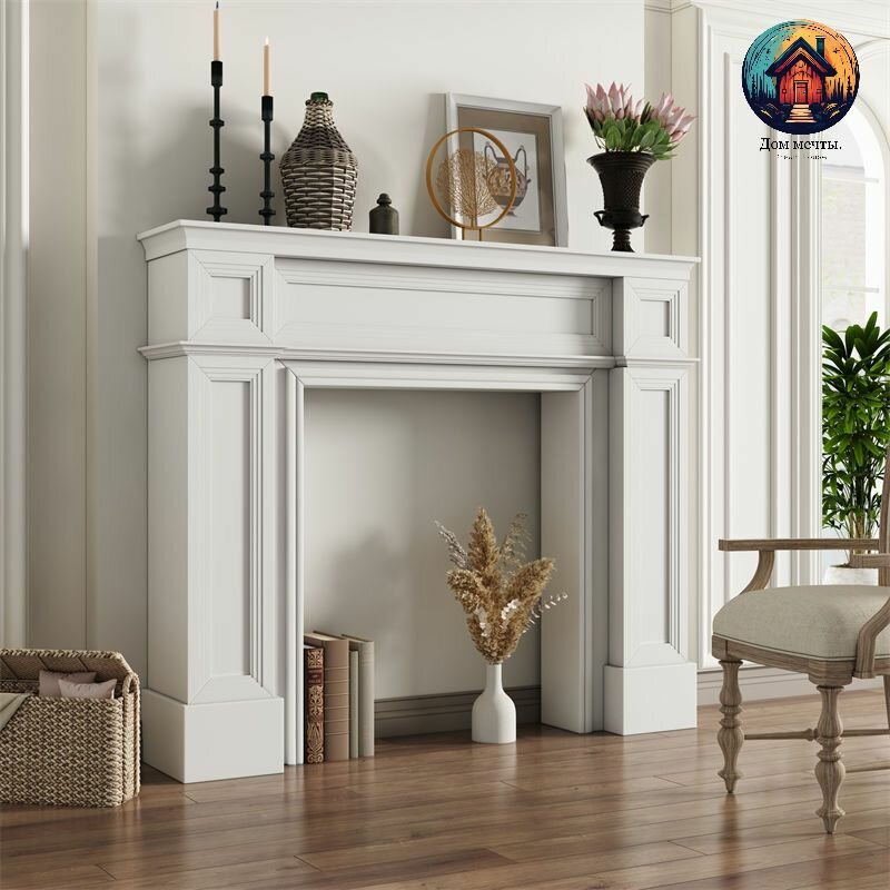 Каминная декоративная тумба, полка 100x20x110CM белый цвет, Дом мечты.