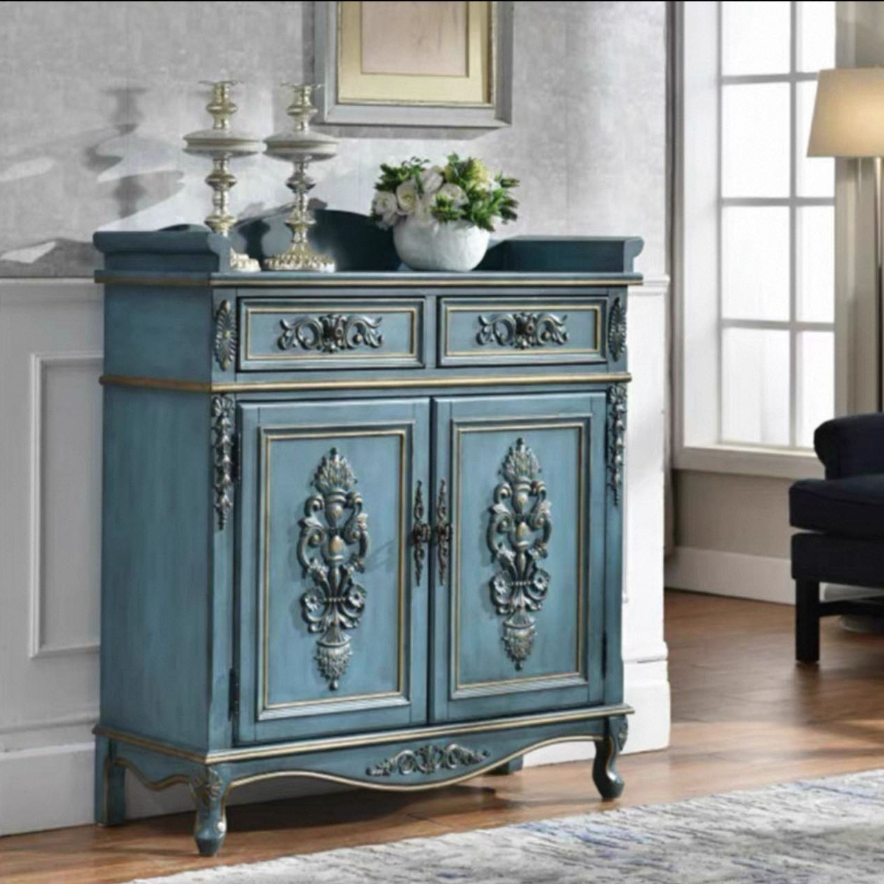 Интерьерная тумба для обуви с выдвижными ящиками в американском ретро стиле Blaine (100см / бирюзовый)