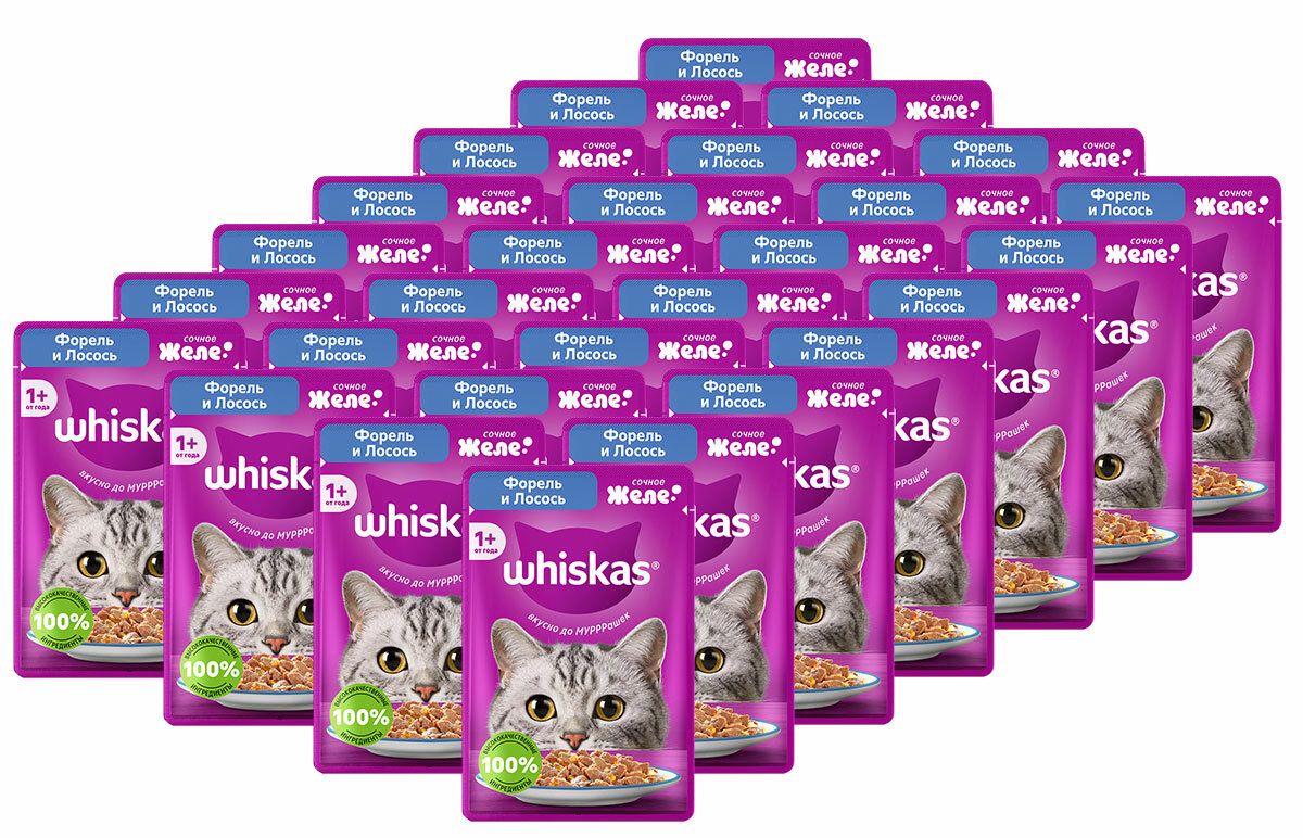 Корм влажный Whiskas для взрослых кошек, форель и лосось в желе, 75 гр х 28 шт