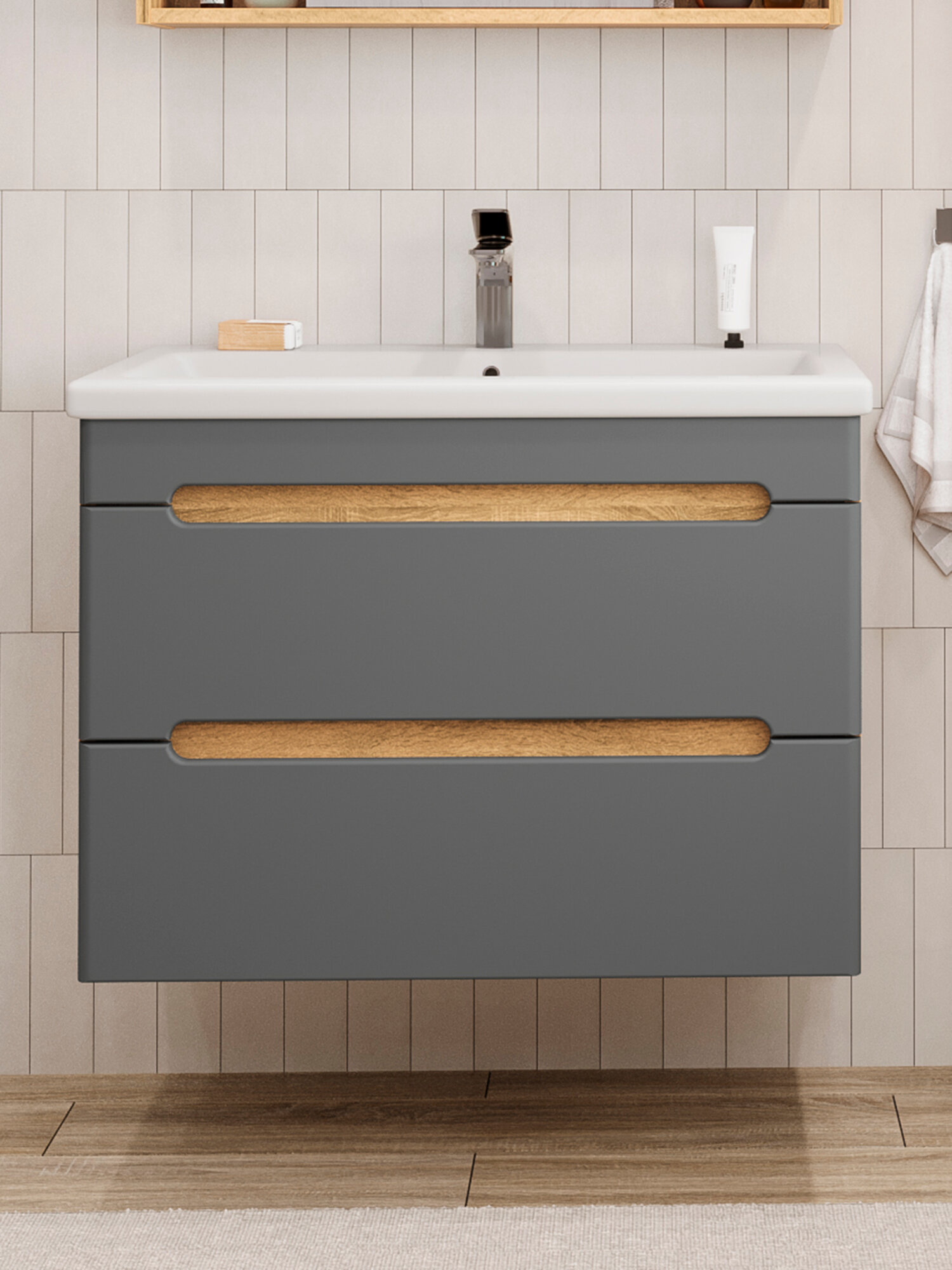 Тумба подвесная SanStar Diva 80 без раковины для ванной комнаты, дуб вотан, графит софт