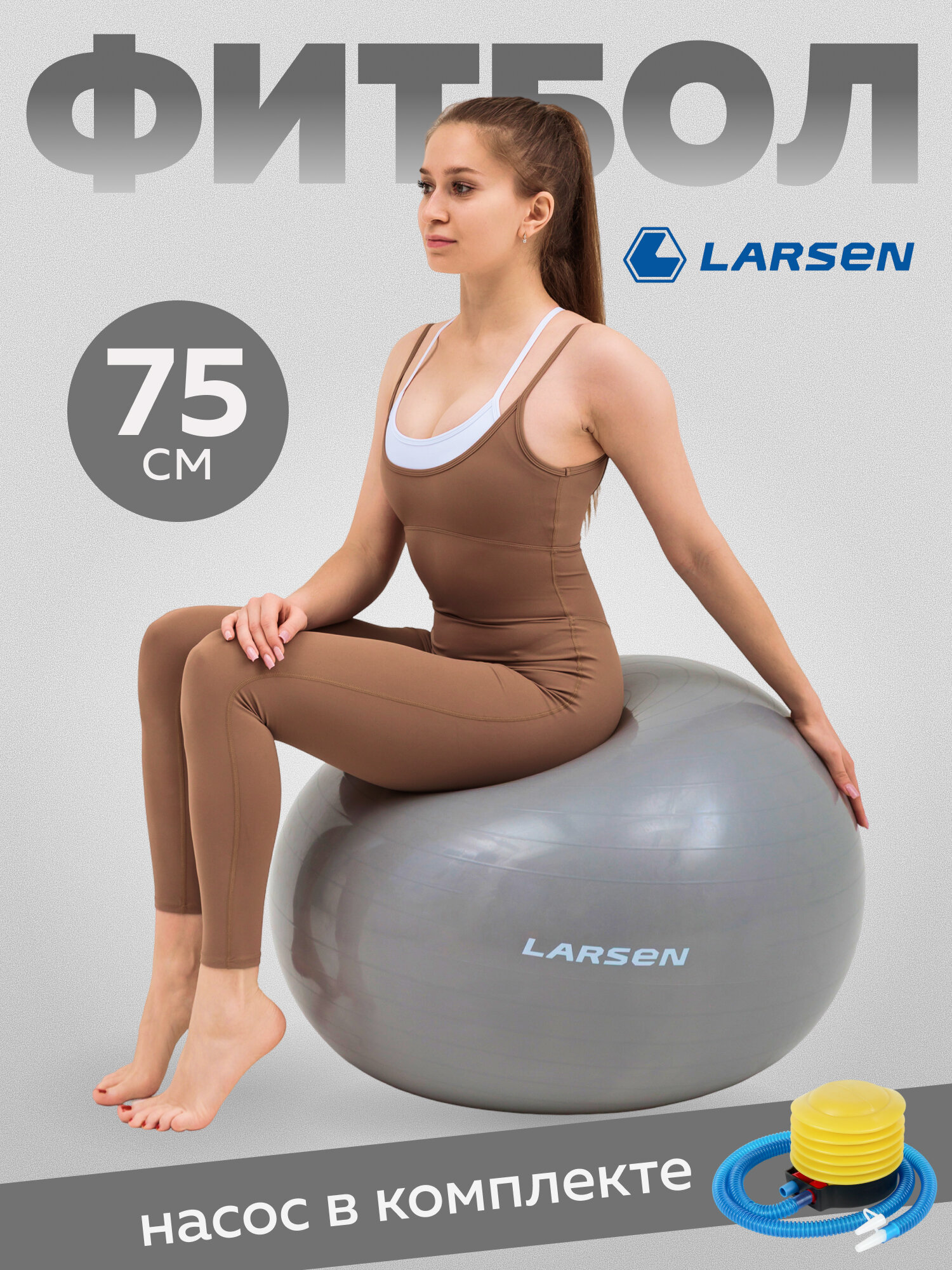 Мяч гимнастический с насосом Larsen HG-3 серебристый 75 см , максимальная нагрузка 200кг