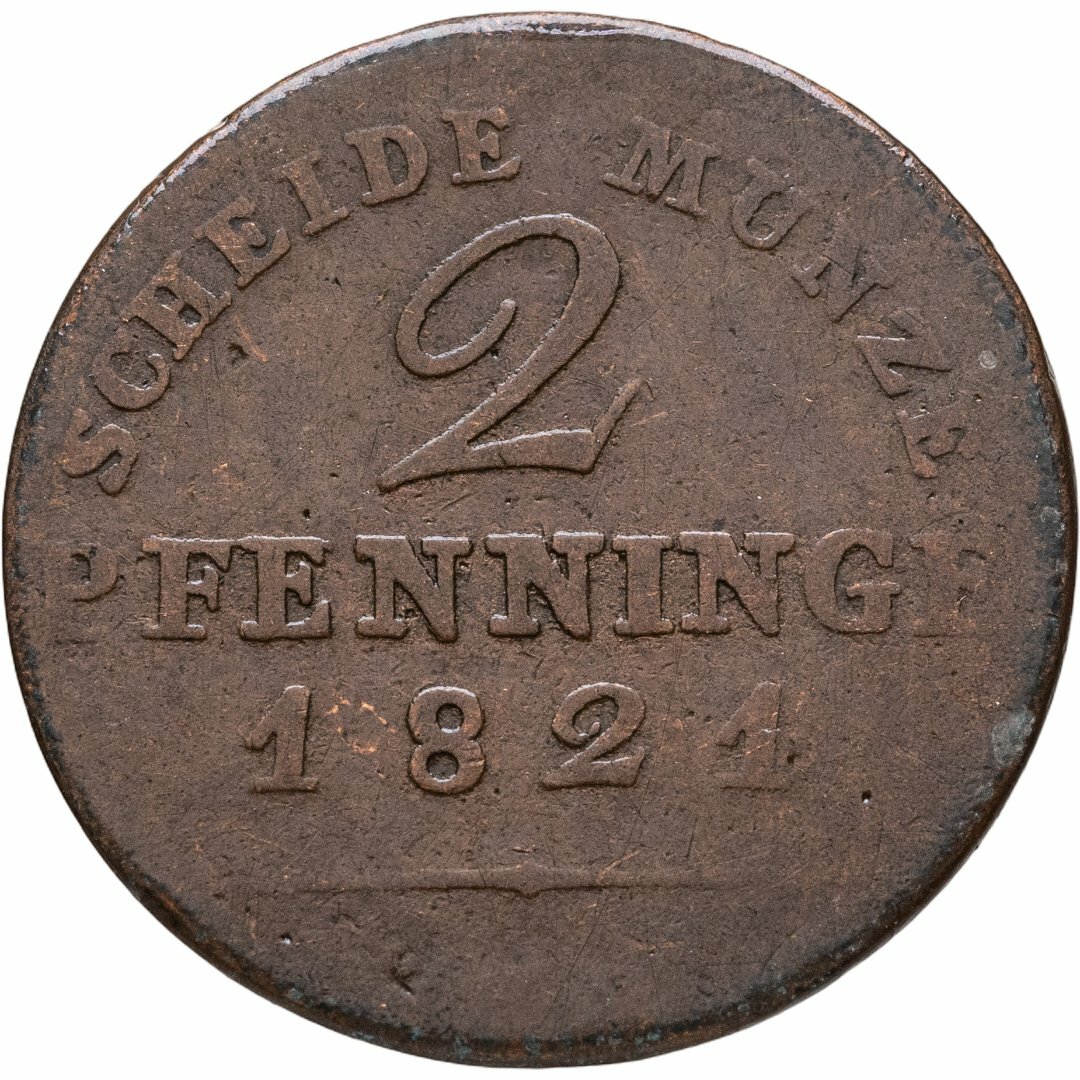 Германия, Пруссия 2 пфеннига 1821, Медь, в сохранности VG-F