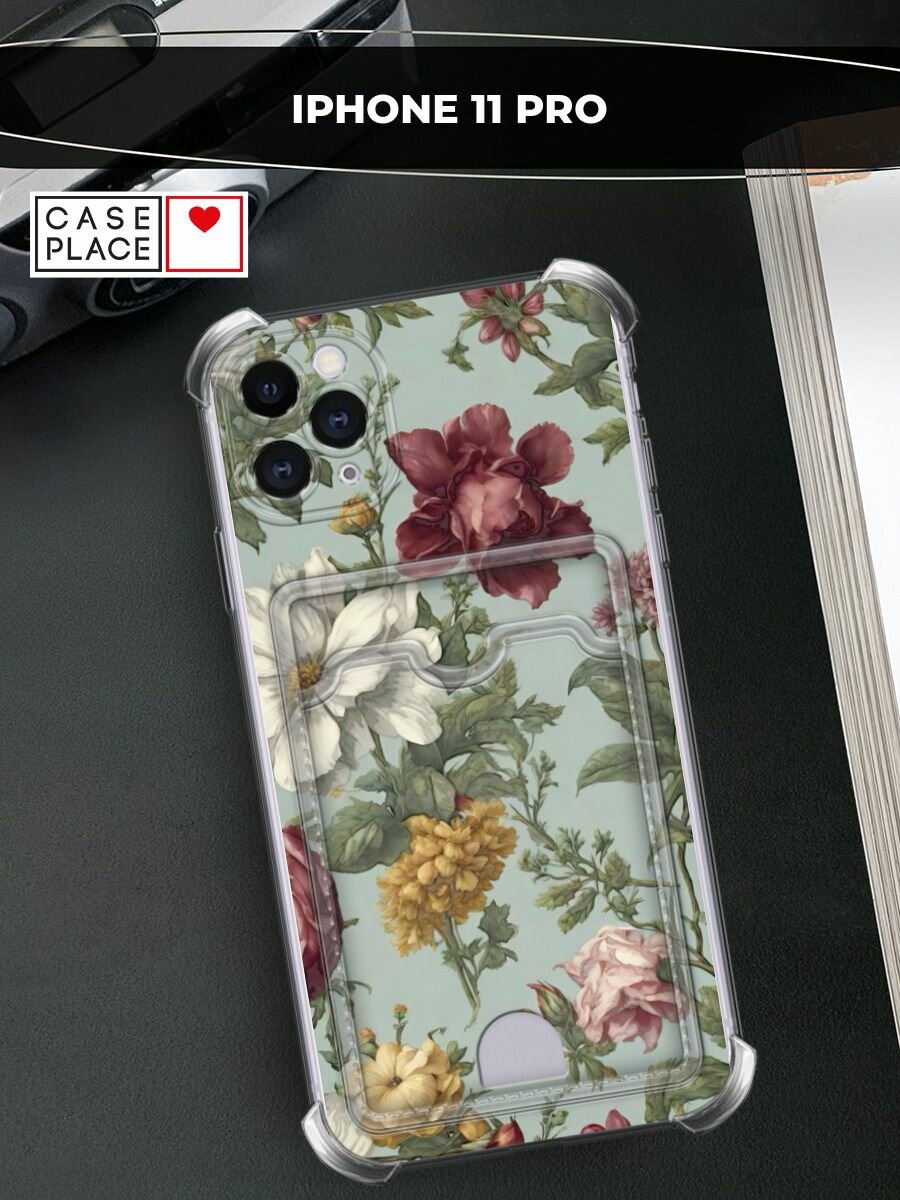 Чехол на Apple iPhone 11 Pro (Айфон 11 Про) с картой и принтом Акварельные красные цветы