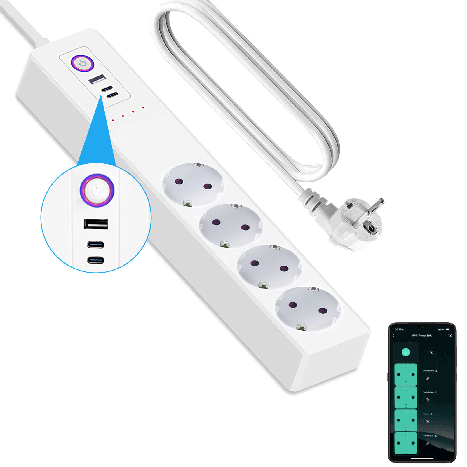 Xenon WiFi Tuya Smart power strip 4AC 2 Type-C 20W 1 USB charging ports 16A 3500W Smart Life app works with echo Google Assistant