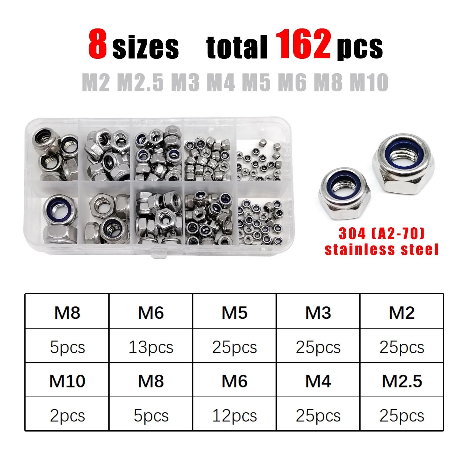 Набор самоконтрящихся гаек HZYUEGOU M2-M12 из нержавеющей стали stainless 162pcs