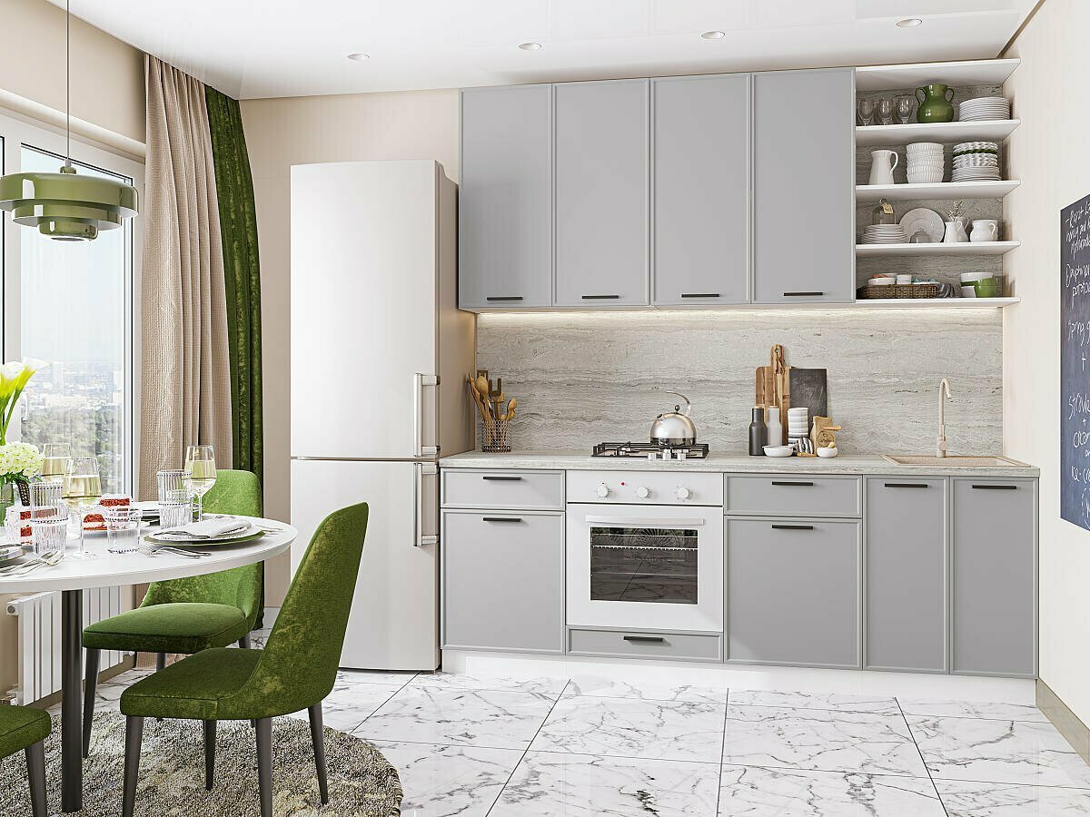 Готовый кухонный гарнитур 2.2 метра кухня без столешницы Фрейм-02 Grey Silk, Белый