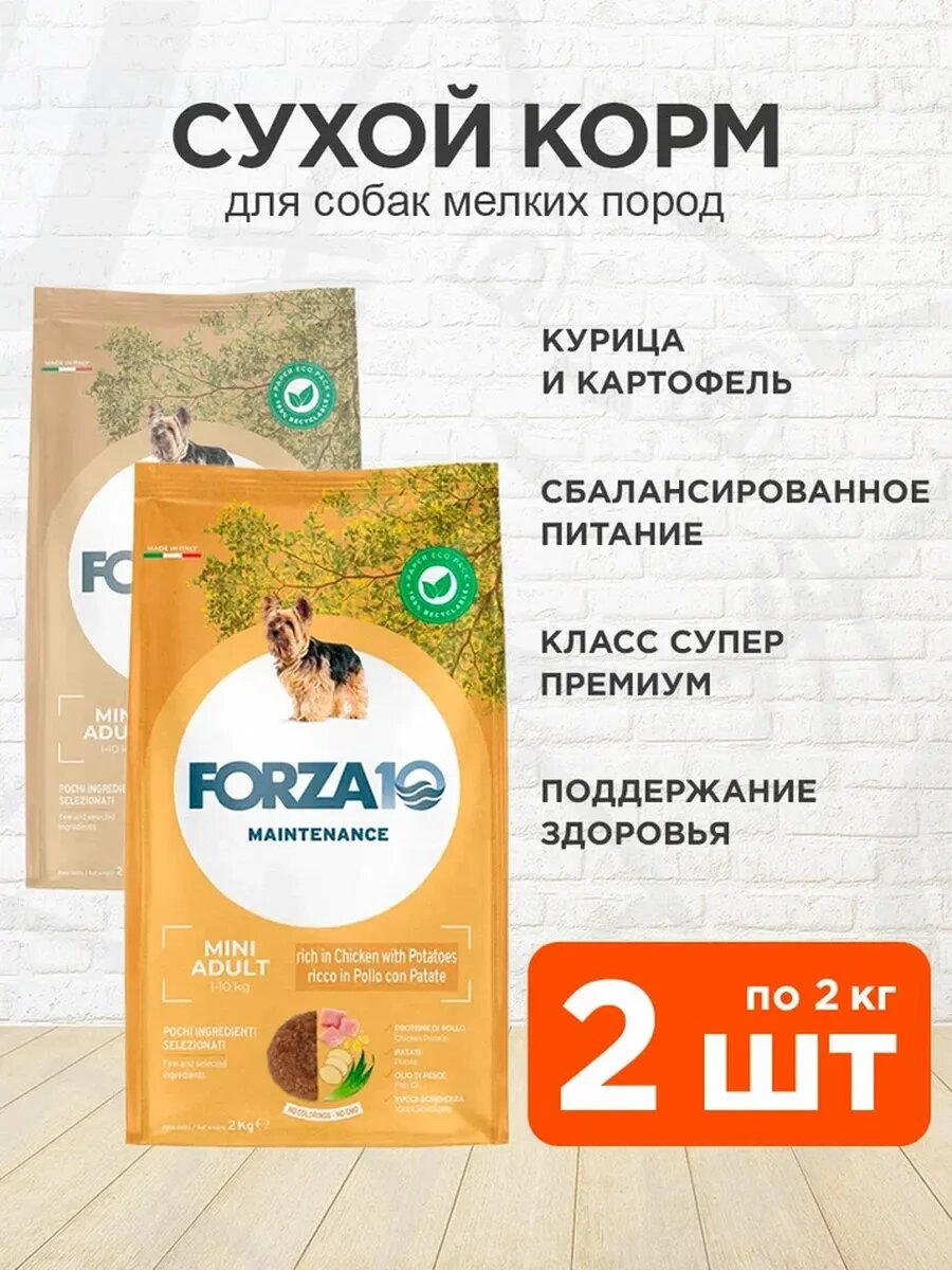 Корм сухой Forza10 Dog Maintenance Adult Mini для взрослых собак маленьких пород с курицей и картофелем, 2 кг х 2 шт