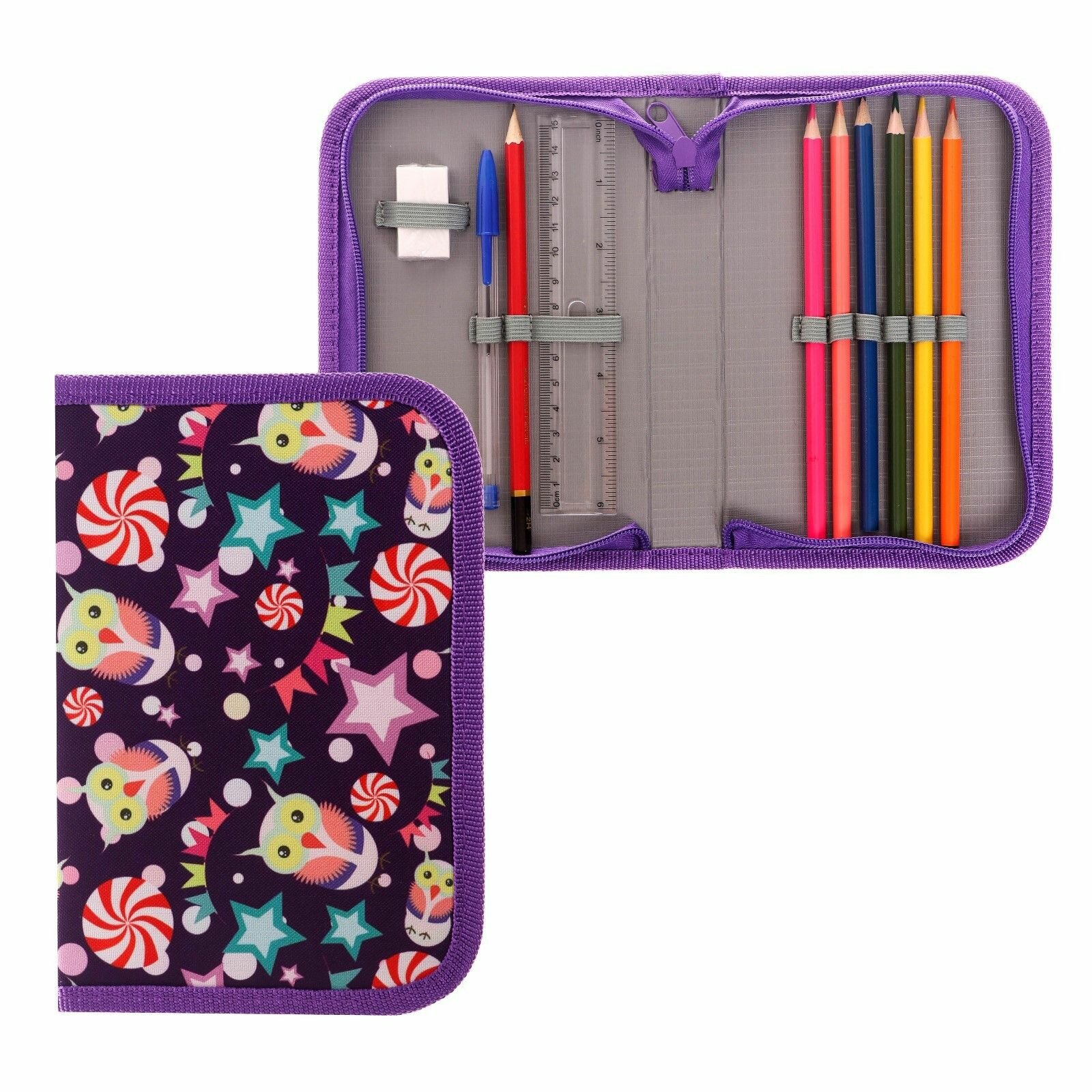 Пенал школьный твердый на молнии, 1 секция, с наполнением 11 предметов, 13 х 19,5 см, "Совы"