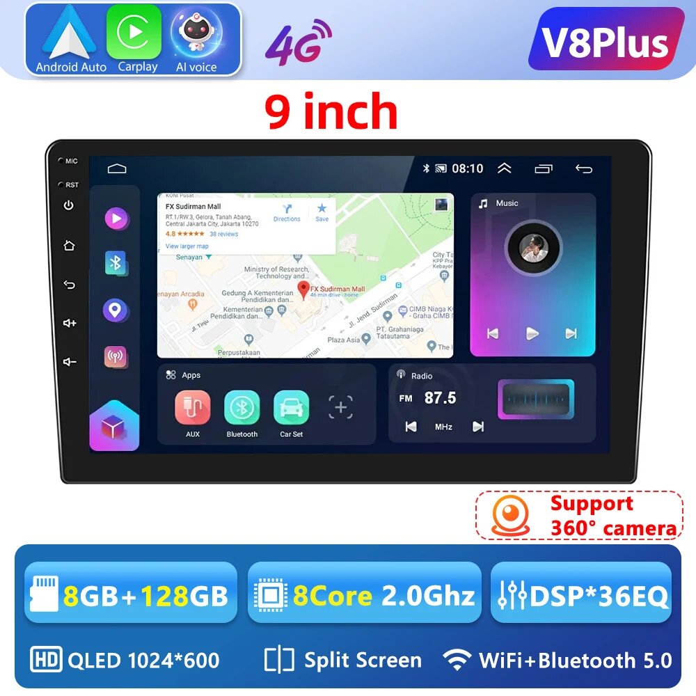 Podofo 8G 128G 2din автомобильный Android радио мультимедийный плеер 7/9/10 "GPS 9inch 8Core-128G