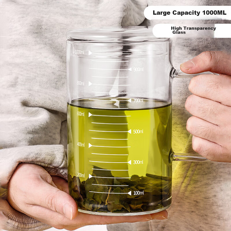 Baijie High Borosilicate Glass Cup with Scale, Large Capacity Measuring Cup, Office Tea Cup, Heat-Resistant Water Cup, 1000ml