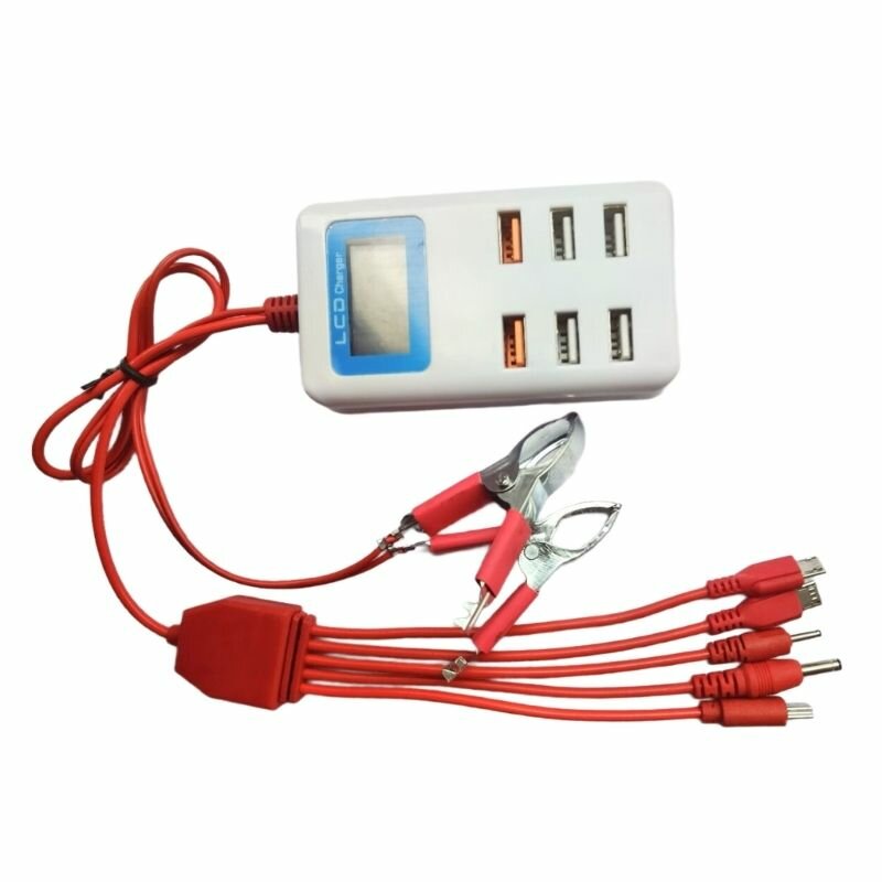 Зарядное устройство 6USB с ЖК-дисплеем, аккумулятор от 12 до 24 В, зарядка мобильного телефона
