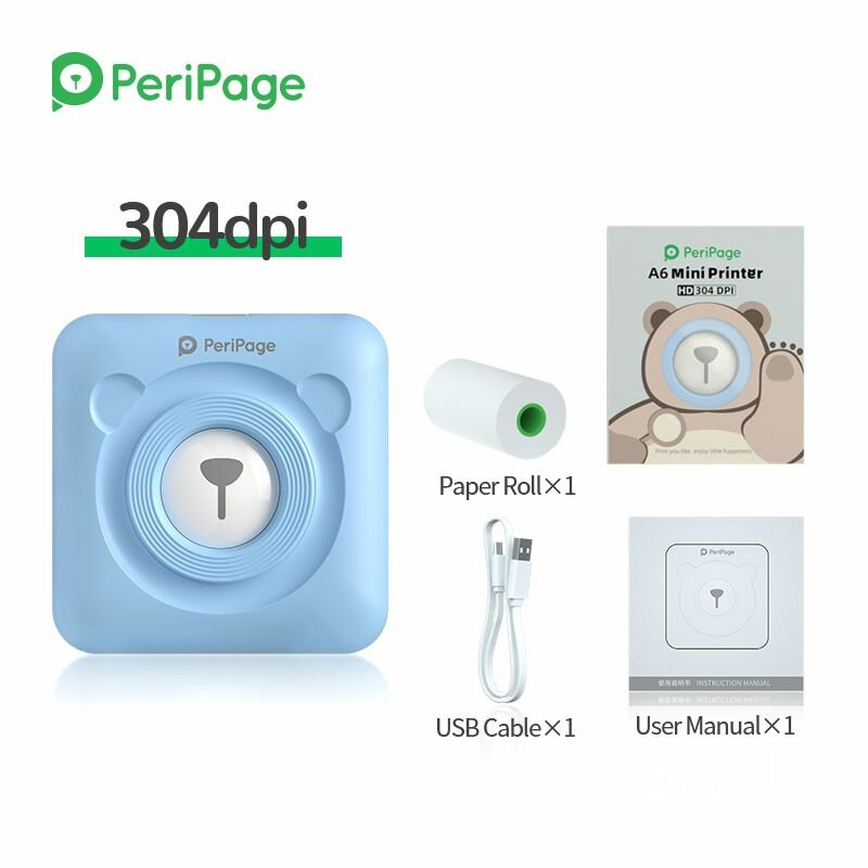 Портативный термопринтер PeriPage A6, мини принтер для телефона, мобильный карманный, для печати этикеток, наклеек, стикеров и заметок, разрешение 304 dpi, Синий