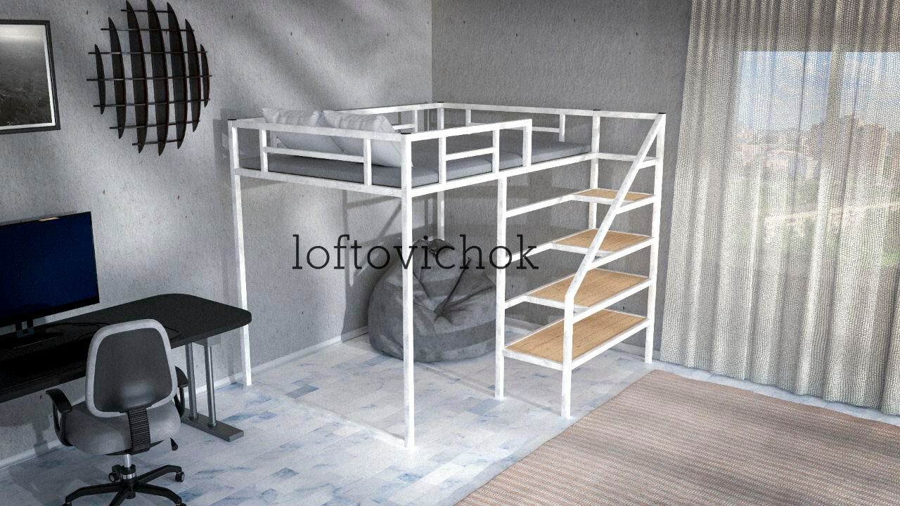 Кровать чердак "Milan" белая 120*200*190 лофт, металлическая