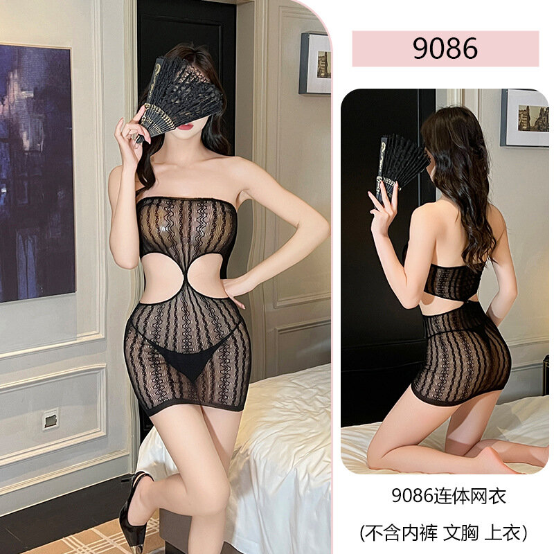 Сексуальный комплект нижнего белья без рукавов в европейском и американском стиле, прозрачный сетчатый комплект из двух частей, соблазнительные чулки в сеточку, 9086. Черный.