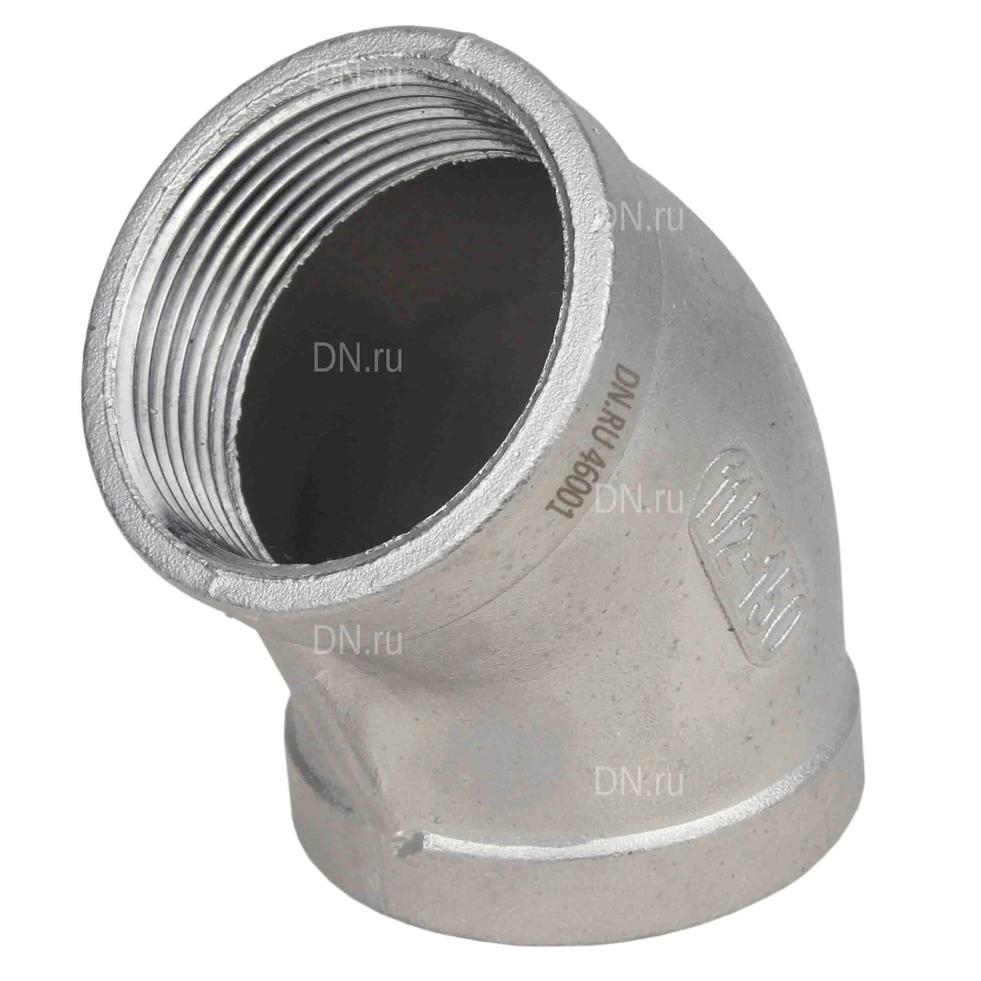 Отвод (полуотвод) DN.ru 304 Вр/Вр 3/4" Ду20 Ру16 угол 45°, корпус - нержавеющая сталь 304, присоединение - внутренняя / внутренняя резьба