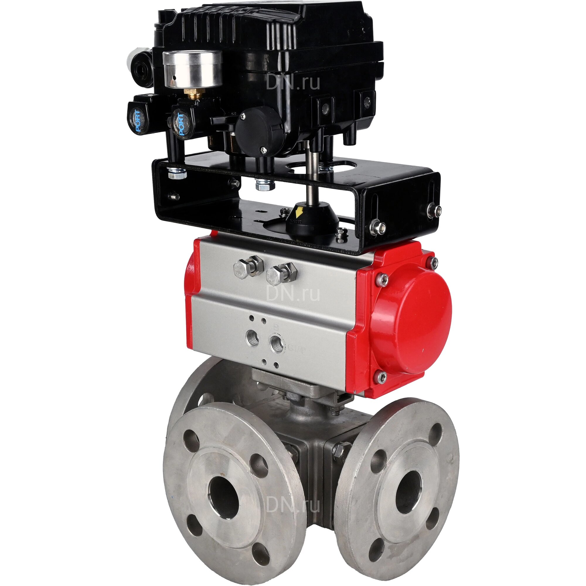 Кран шаровой DN.ru 316-316-PTFE Ду40 Ру16 полнопроходной, тип L, фланцевый, корпус - нержавеющая сталь SS316, ISO-фланец F05/F07 квадрат 14х14, с пневмоприводом DN. ru DA-065 двойного действия и пневмопозиционером EPRP1-NU-0-08