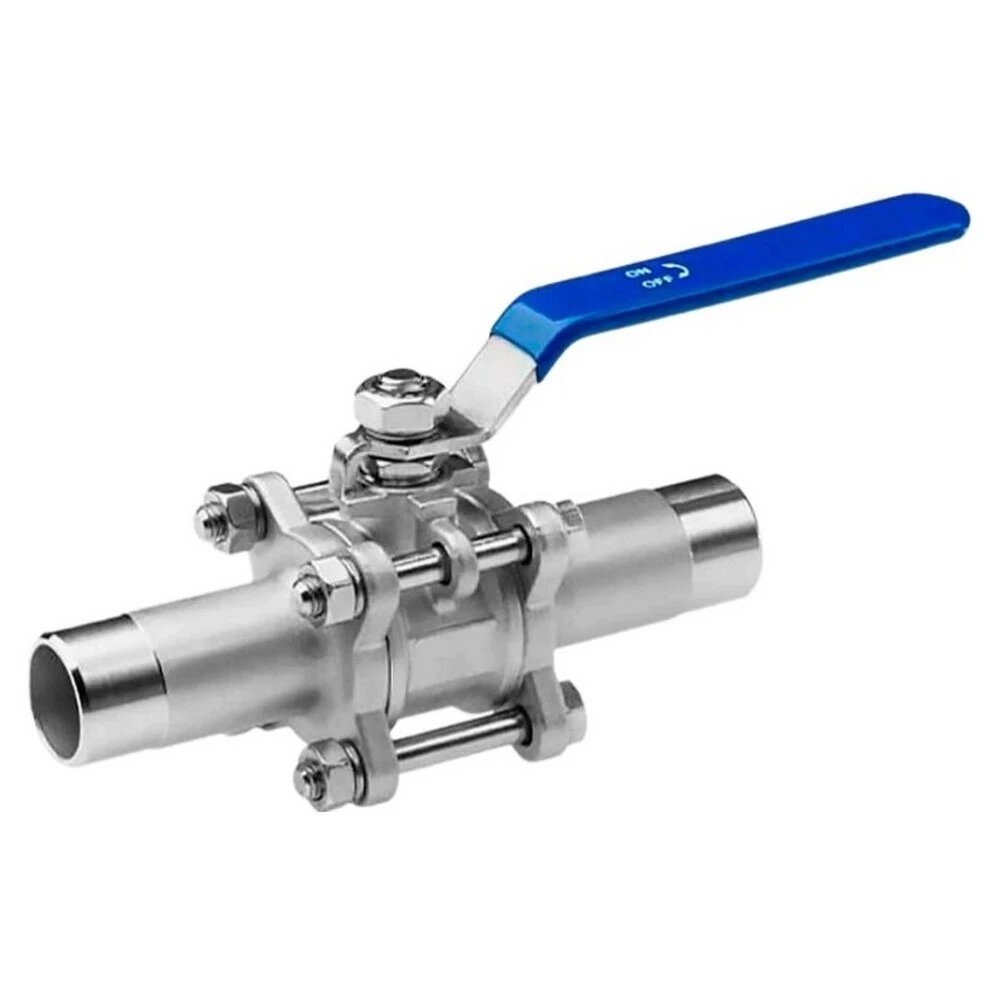 Кран шаровой DN. ru 316-316-PTFE-W-H Ду10 Ру63 нержавеющая сталь SS316, полнопроходной, трехсоставной, уплотнение - PTFE, под приварку, с рукояткой