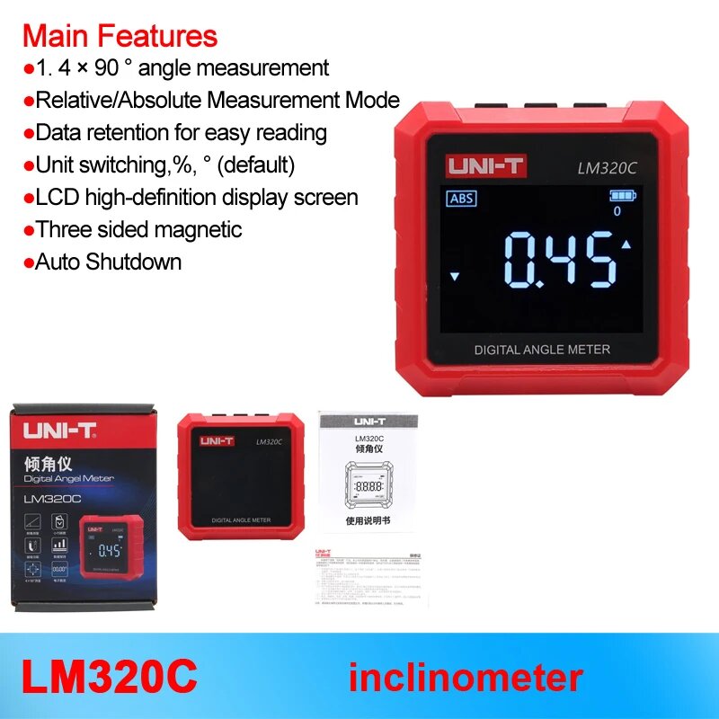 Инклинометр UNI-T LM320C, цифровой прибор для измерения угла, электронный прибор для измерения угла с магнитной адсорбцией