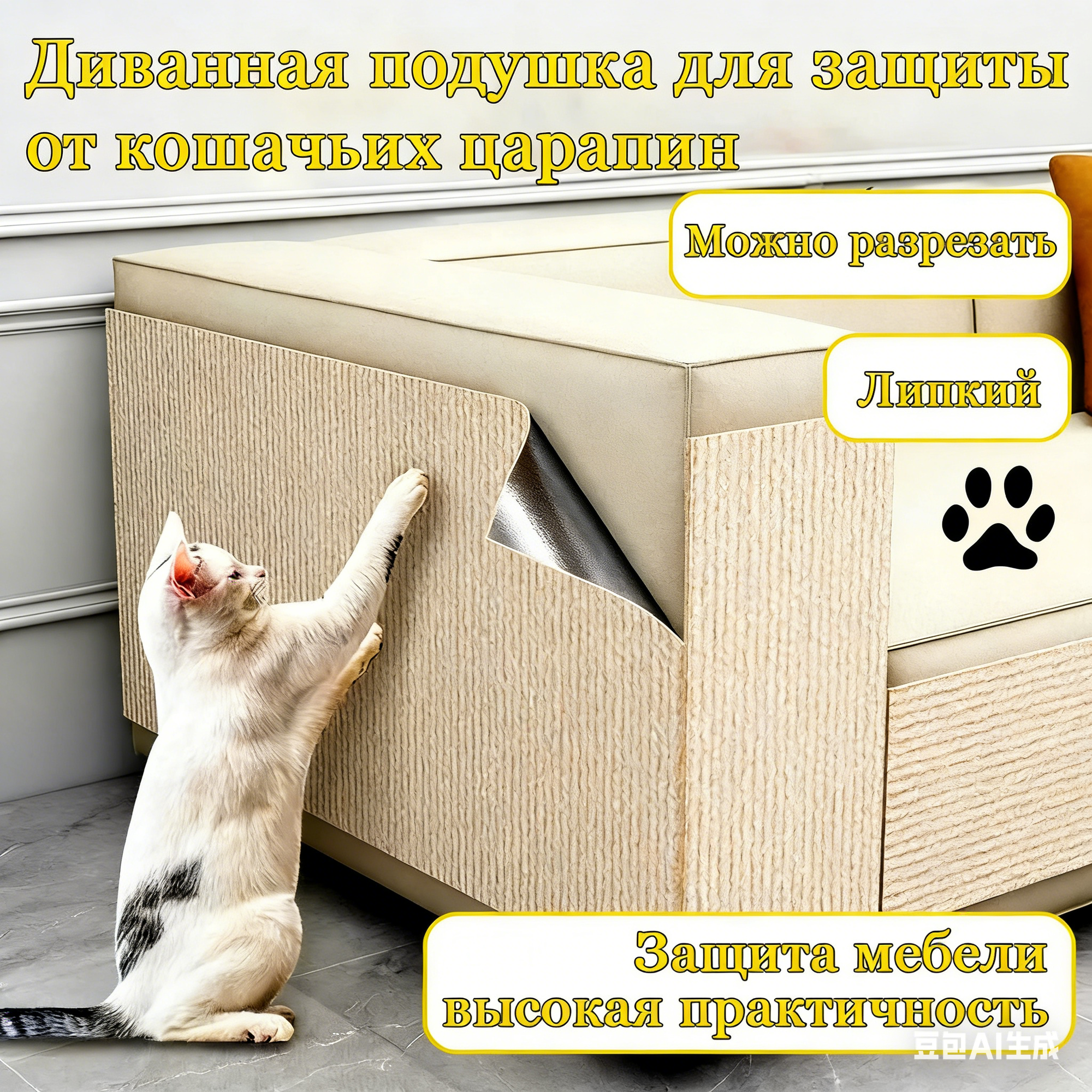 Когтеточка на стену для кошек 100x40 см, самоклеющаяся ковролин, защитная пленка для мебели/стен, Хаки, 1 шт