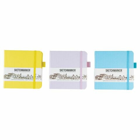 6 шт. Скетчбук, слоновая кость, 140 г/м2, 120х120 мм, 80 л, Кожзам, резинка, SKETCHMARKER, 3 цвета пастель, 2971, 23142971OFM