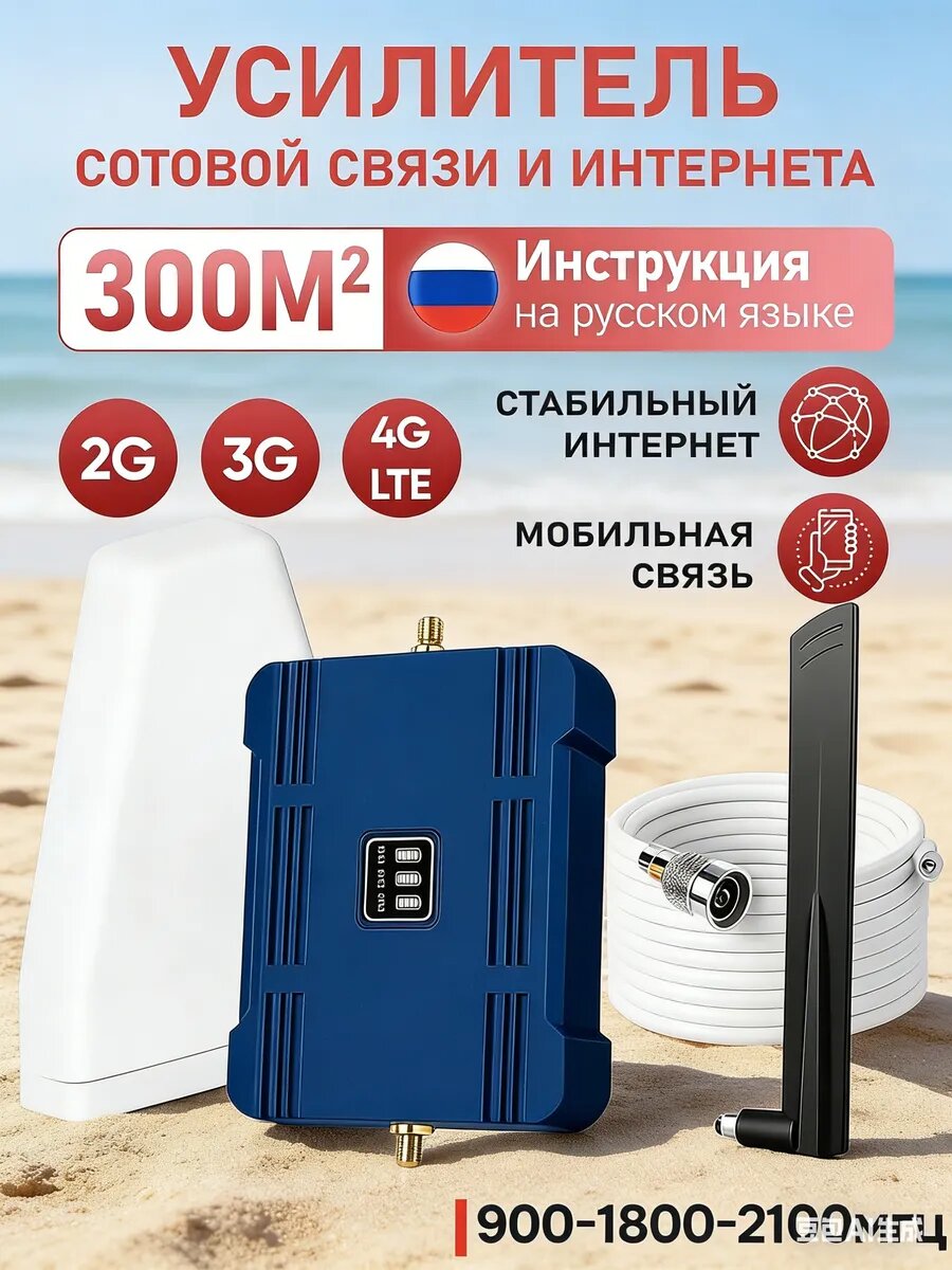 Усилитель сотовой связи 900/1800/2100 МГц (2G/3G/4G): до 70 км, направленный, синий, 1.3 кг