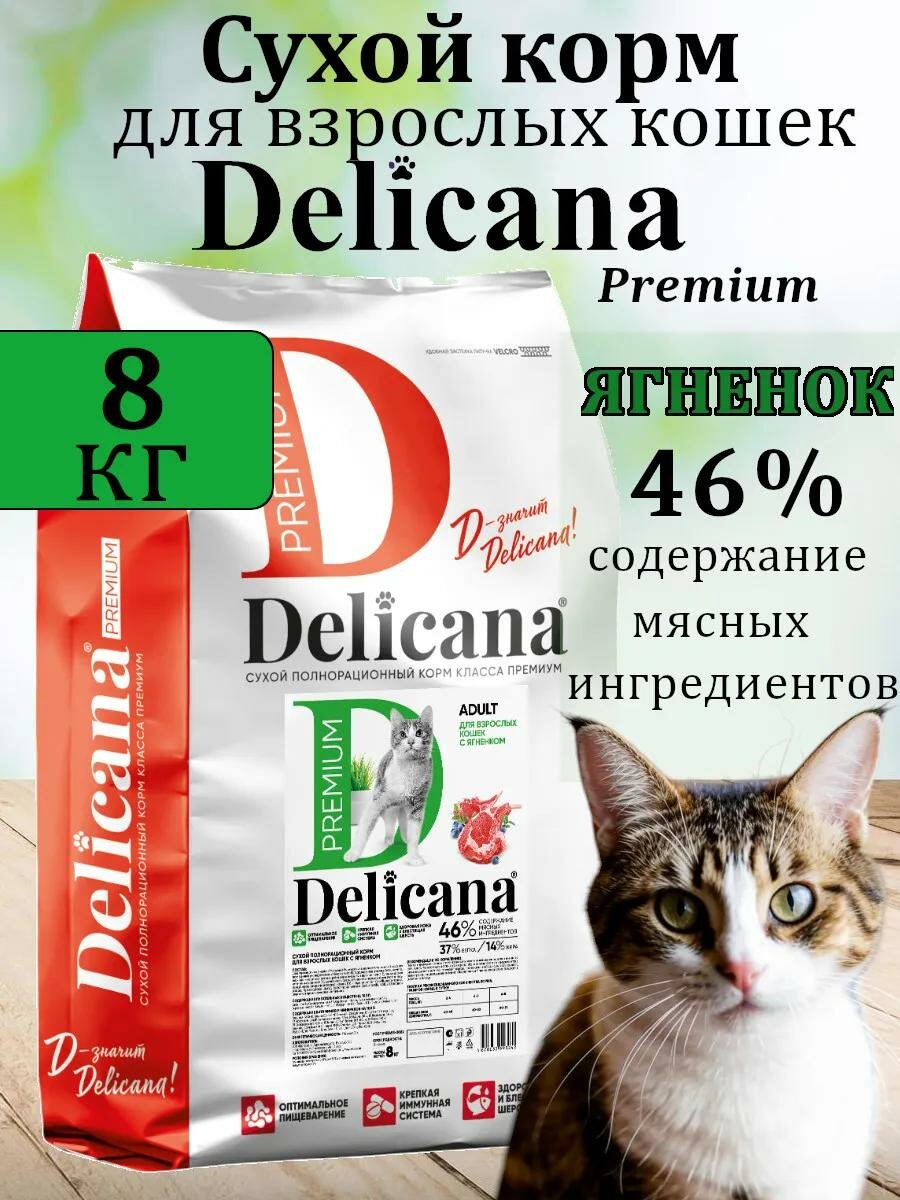 Cухой корм Delicana, для взрослых кошек, с ягненком, 8 кг