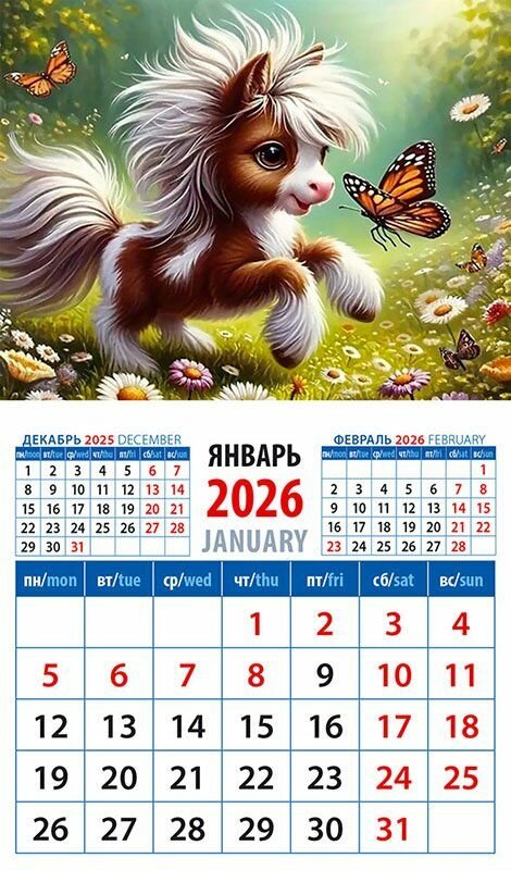 Календарь на 2026 год на магните Забавный жеребенок с бабочкой