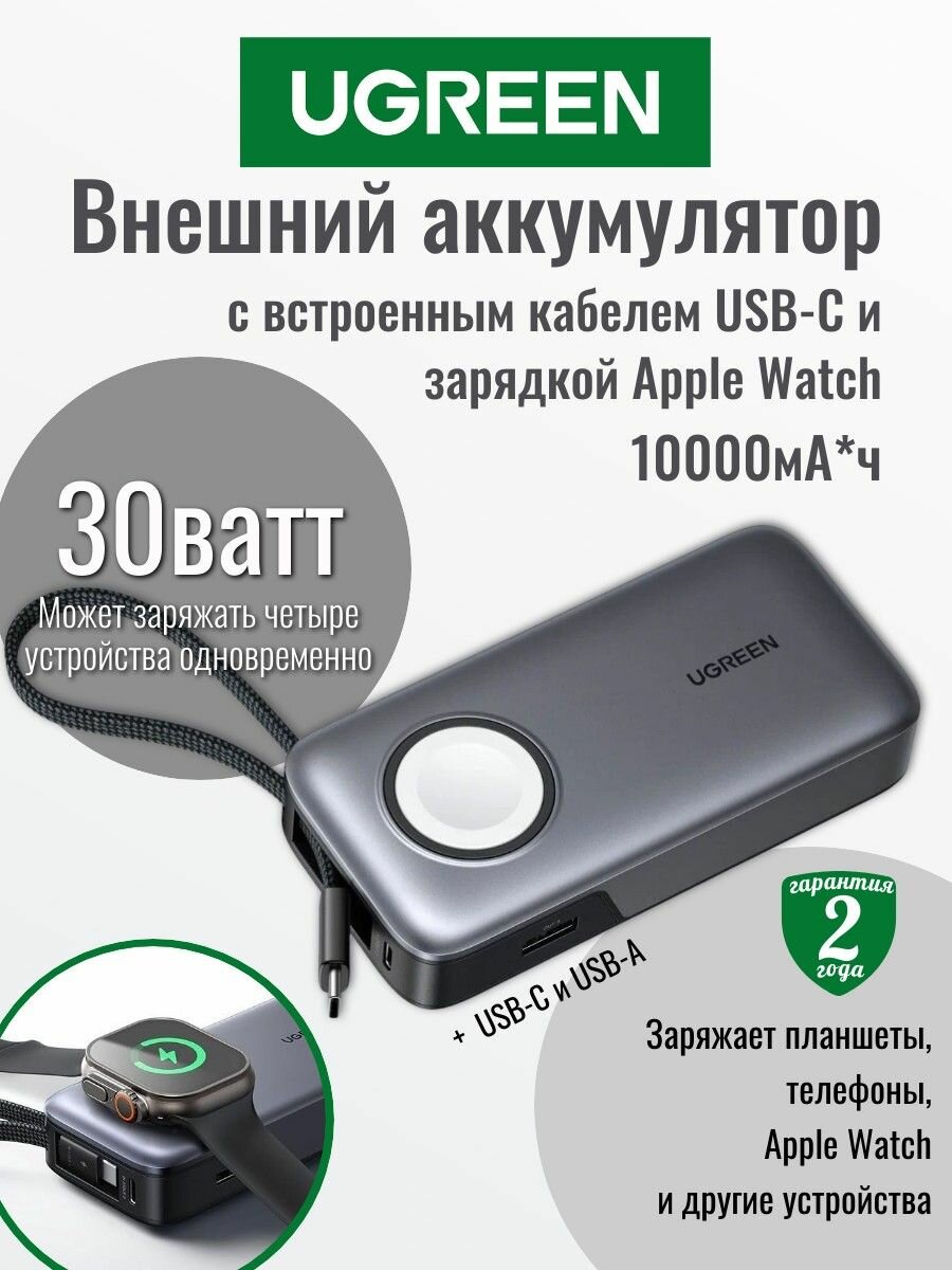 Внешний аккумулятор UGREEN PB527 (55434B) 6000mAh Power Bank 30W с магнитной зарядкой. Цвет: серый космос