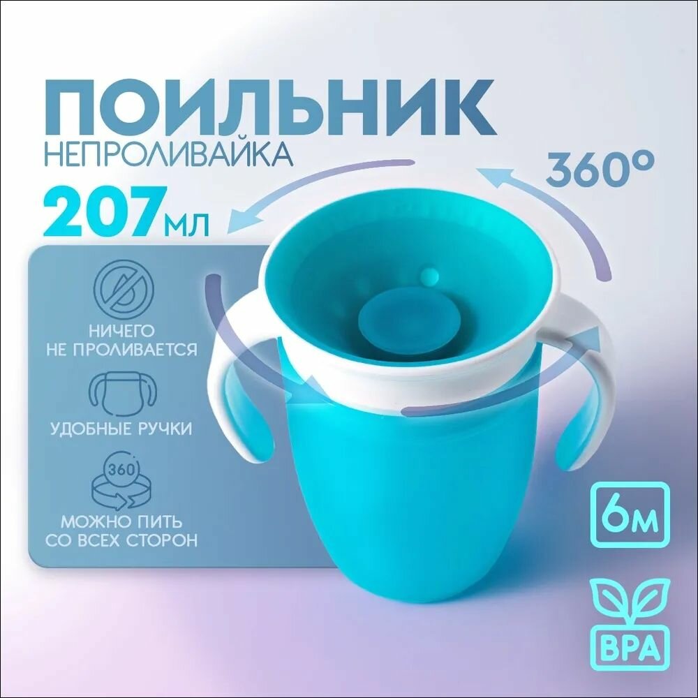 Поильник детский непроливайка 360, с ручками. Кружка стакан непроливайка для детей, Объем 207 мл. Размер 11х10.5 см. Цвет голубой.