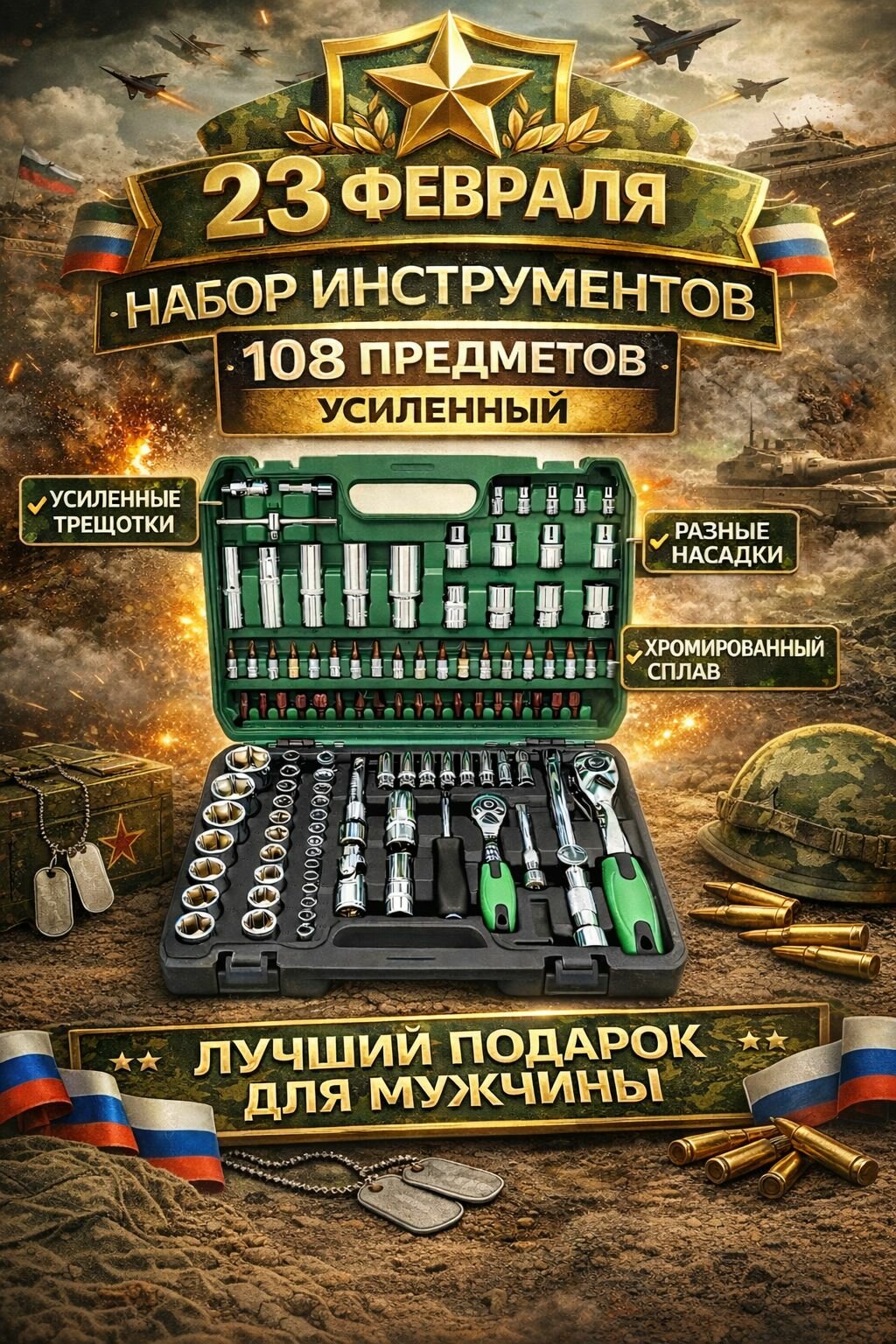 Набор инструментов 108 предмета усиленный, автомобильный, универсальный, для дома, в подарок для автомобилиста в чемодане-кейсе