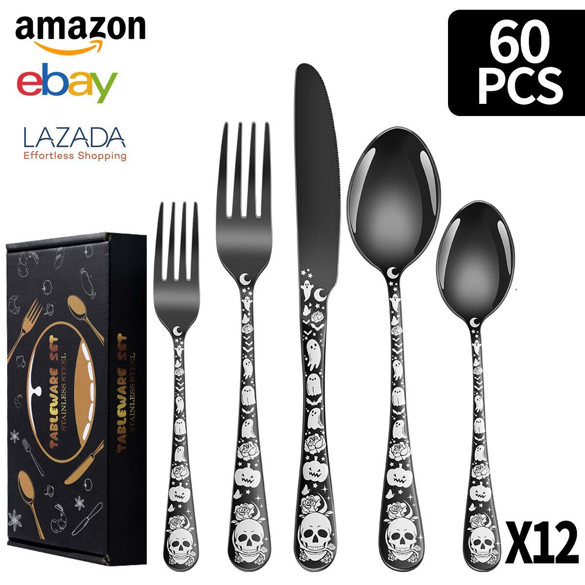 Самый продаваемый на Amazon набор столовых приборов из нержавеющей стали в форме черепа, набор столовых приборов в западном стиле с узором на Хэллоуин для отелей.