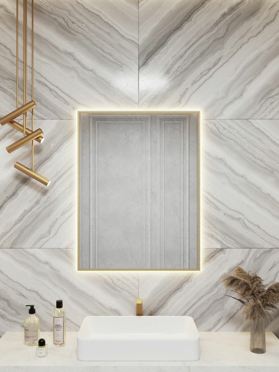 Зеркало в ванную 90х60 см. золото с подсветкой. Свет: Нейтральный белый 4500К. В алюминиевой раме настенное BLX MIRROR