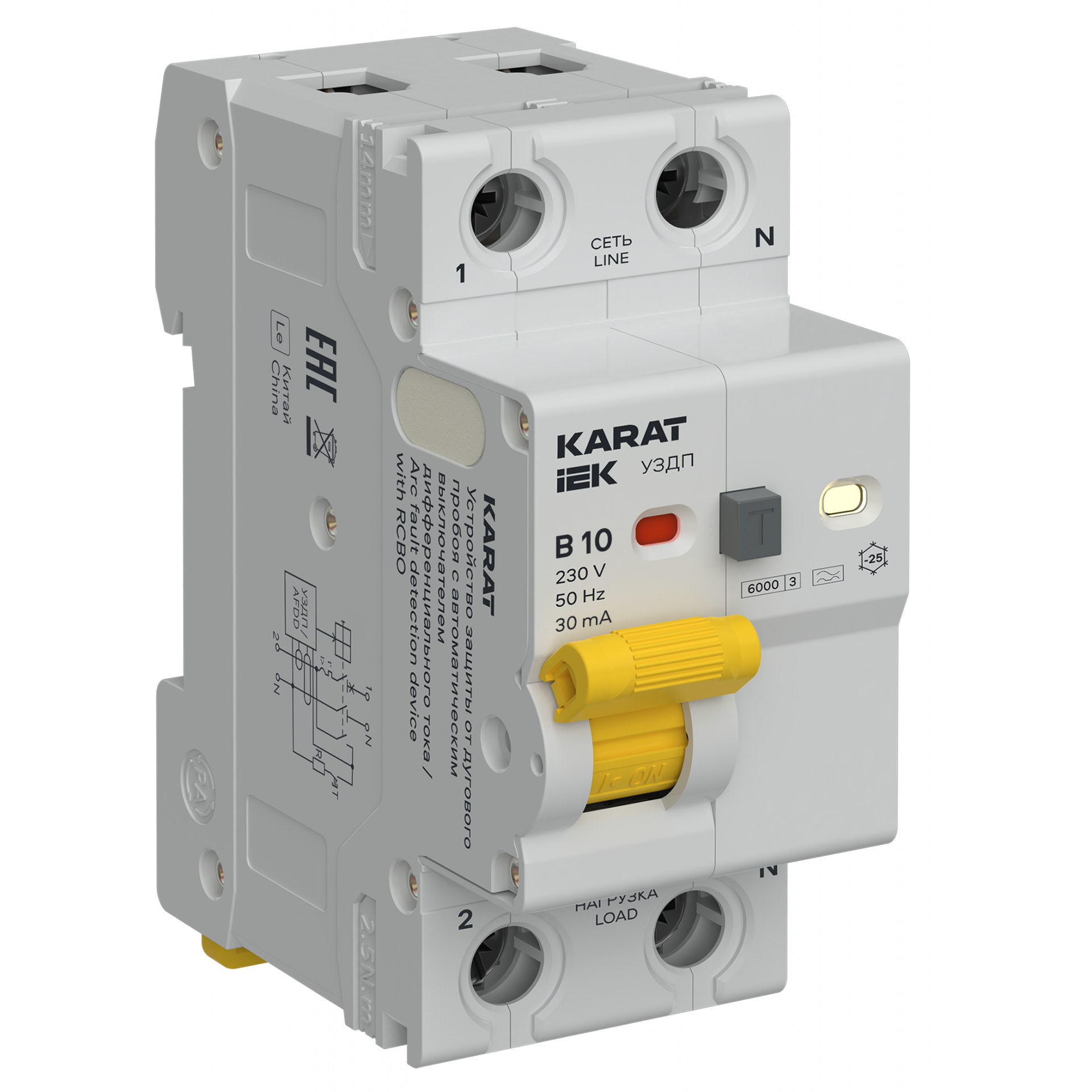 KARAT Устройство защиты от дугового пробоя с выключателем автоматическим дифференциального тока 1P+N B 10А 30мА тип A, IEK KA-DP12-1-010-B-030-A (1 шт.)