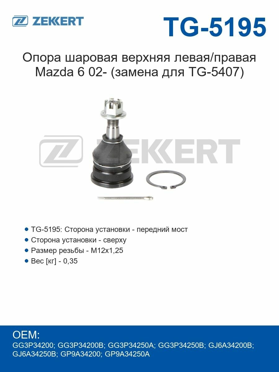 Zekkert Опора шаровая верхняя левая/правая Mazda 6 с 2002 года (замена для TG-5407)