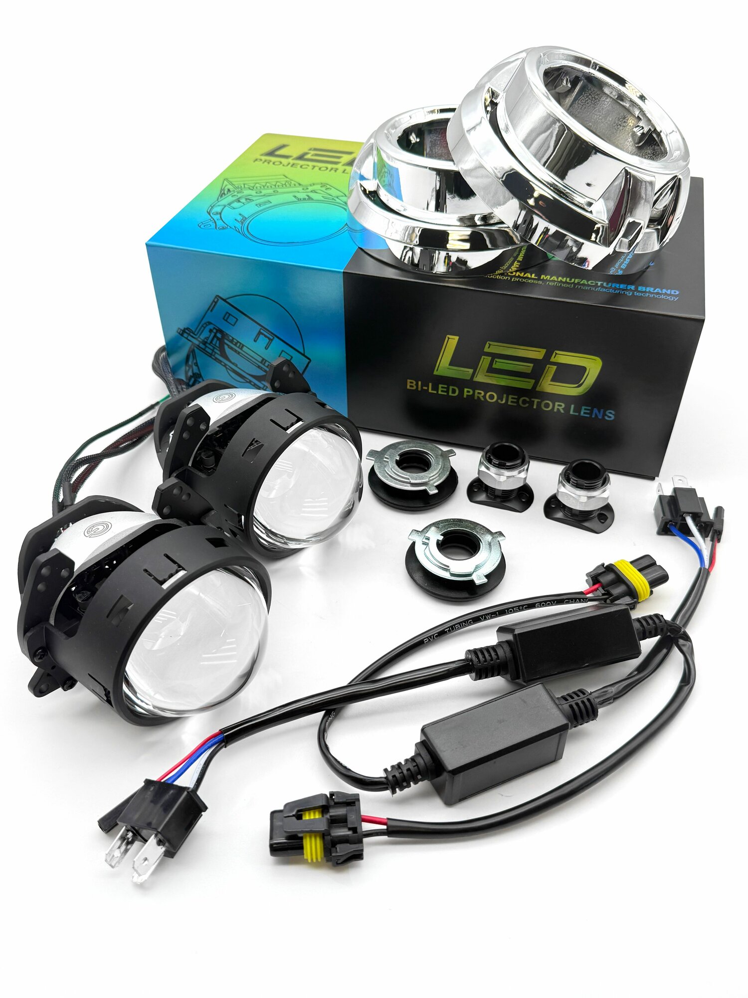Светодиодные билед модули GQ L8D с масками и проводкой H4 на Kia Rio 1999-2022 / Линзы в фары Киа Рио