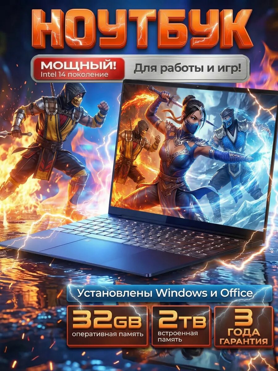 Ноутбук игровой 2026 N-Series, RAM 32GB, SSD 2048GB, IPS + Windows