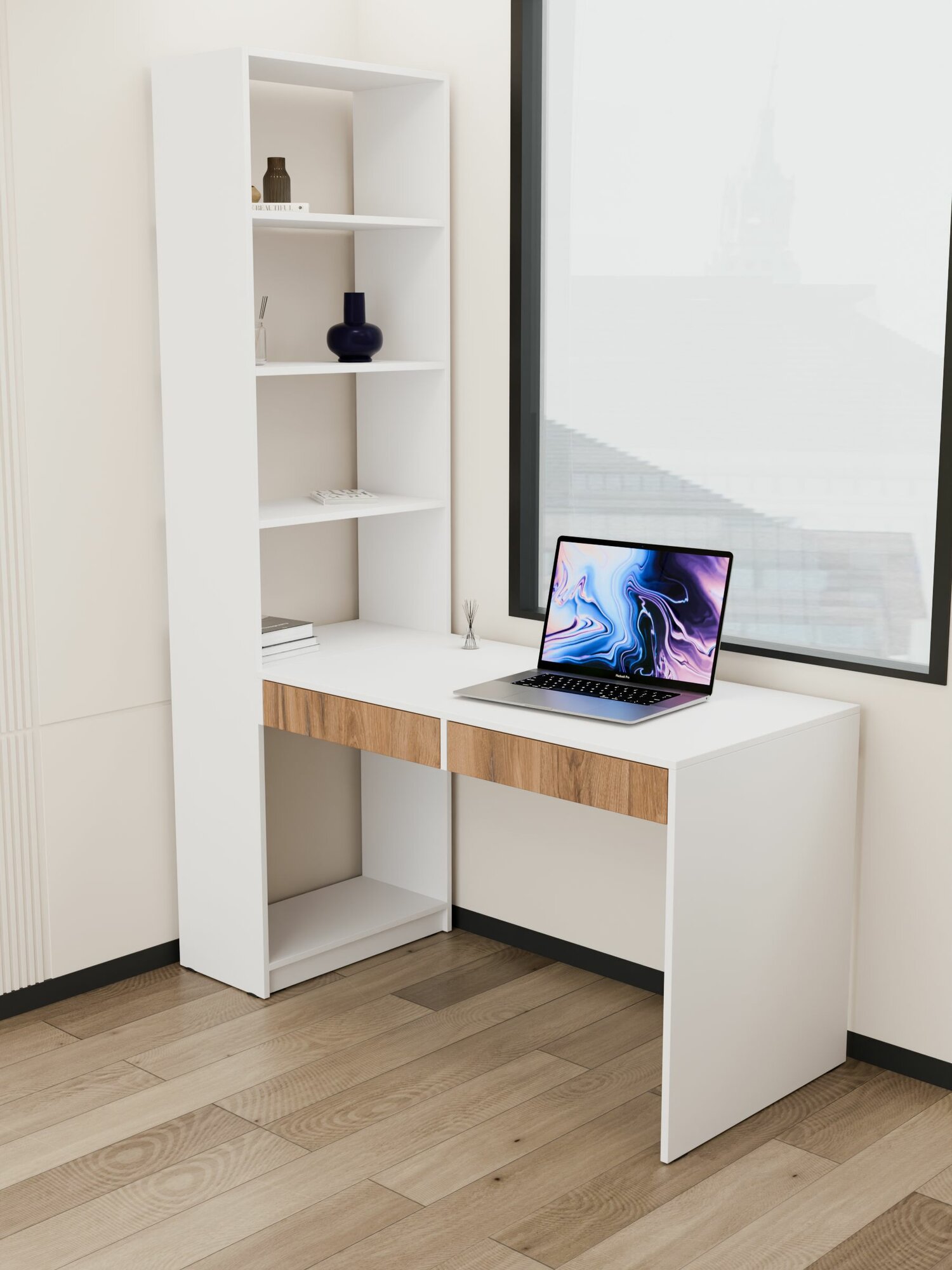 Изумлит Стол-стеллаж письменный угловой для учебы и работы Джокер, стеллаж слева 200х59.2х140 см, белый-юстус