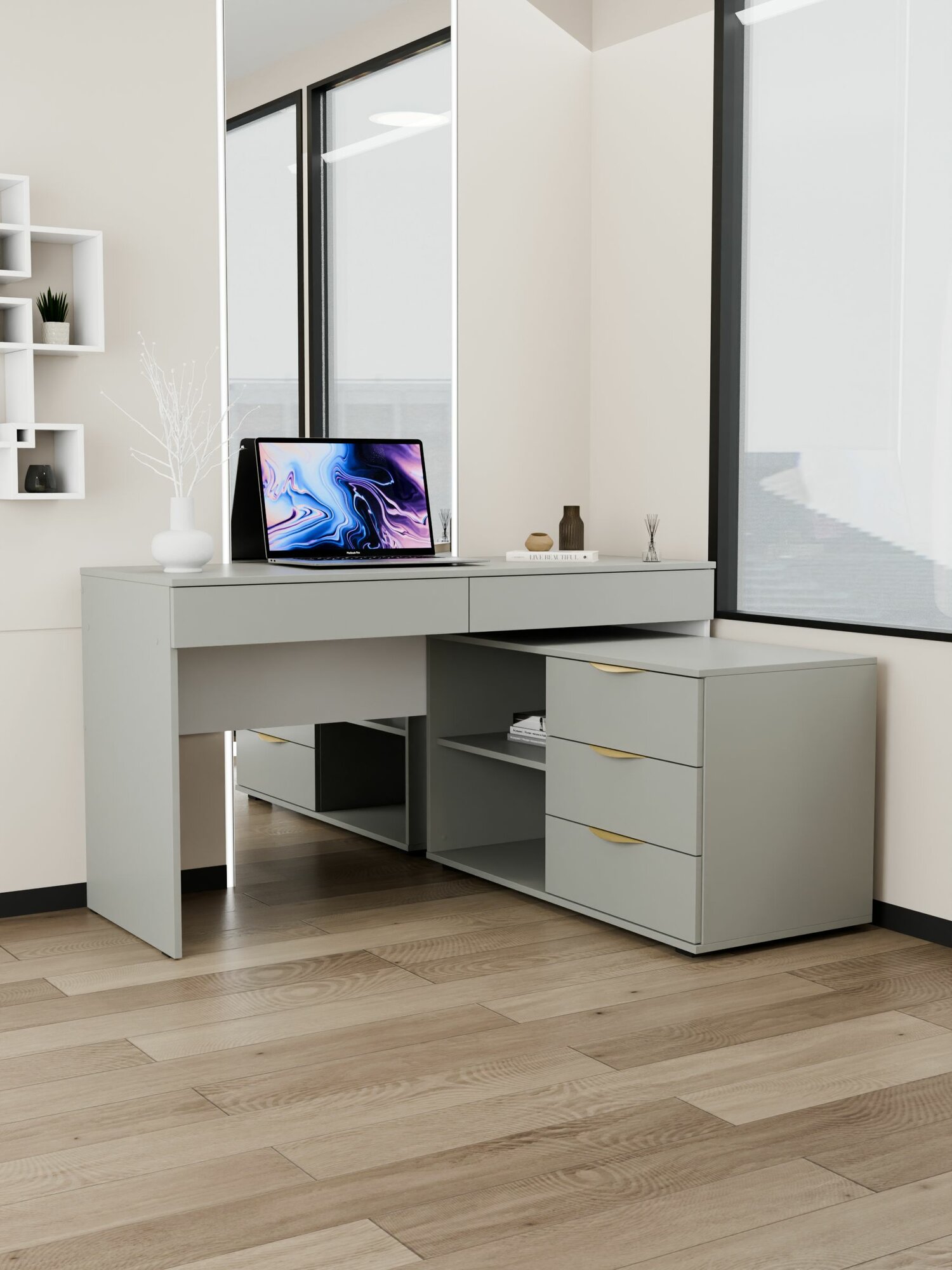 Изумлит Стол письменный с тумбой Корнер 135х52х75.5 см, шиншилла серая