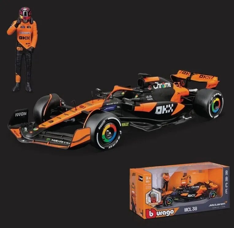 Металлическая модель гоночного болида McLaren MCL38 Оскара Пиастри 1:24, длина 24 см, фигурка пилота