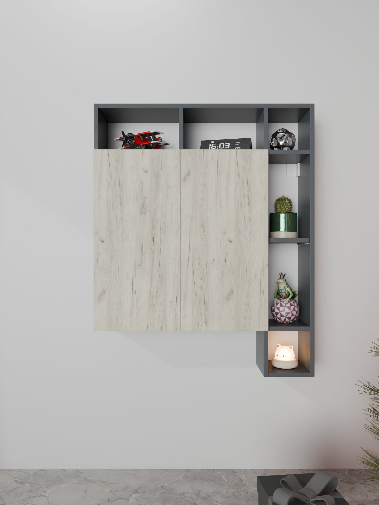 Изумлит Полка навесная закрытая модуль Эра 98.3х79.3х21.6 см, графит-дуб крафт белый